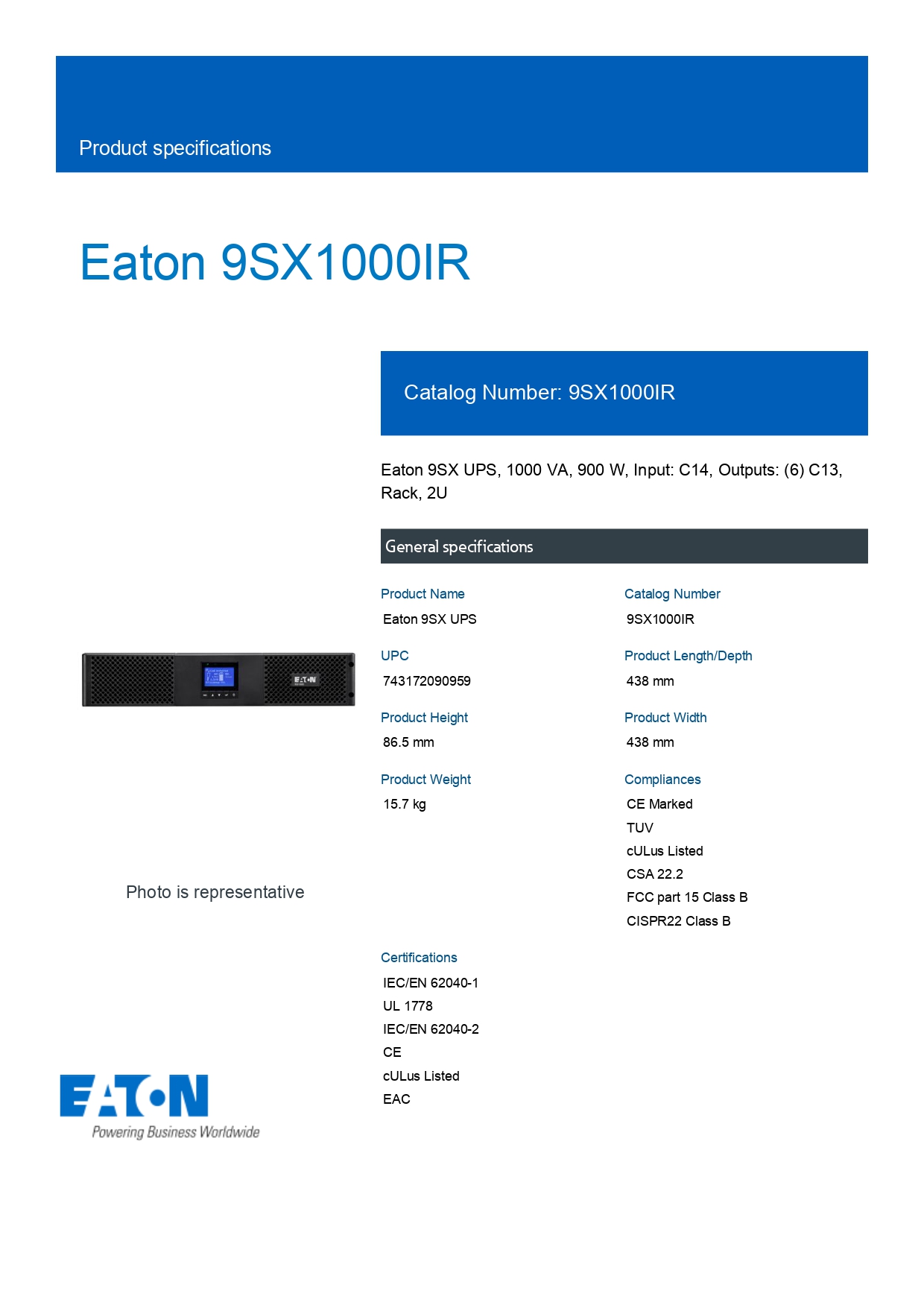 EATON 9SX UPS 9SX1000IR (1000VA) , 9SX2000IR (2000VA) , 9SX3000IR ...