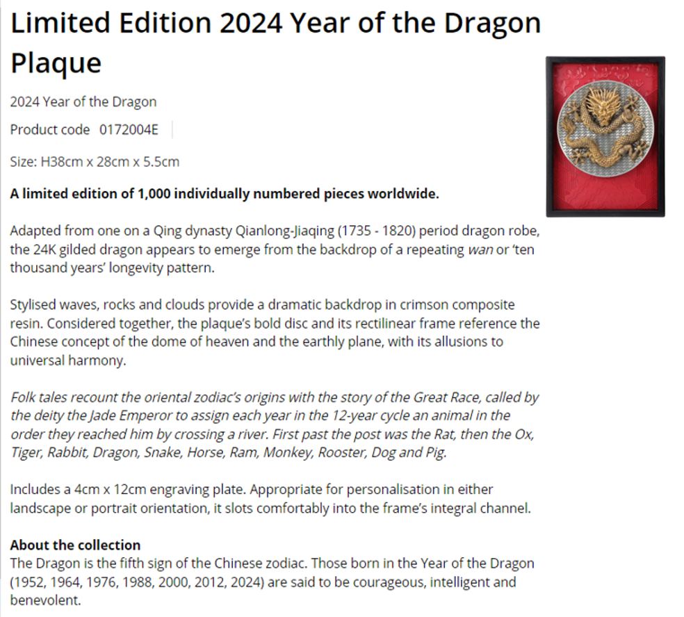 Royal Selangor Limited Edition 2024 Year of the Dragon Plaque | Shopee ...