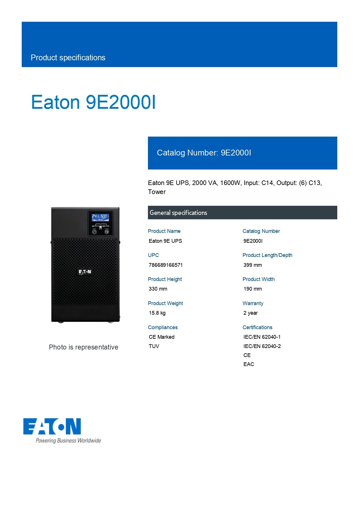 EATON 9E UPS 9E1000I (1000VA/800W) / 9E2000I (2000 VA/1600W) / 9E3000I ...