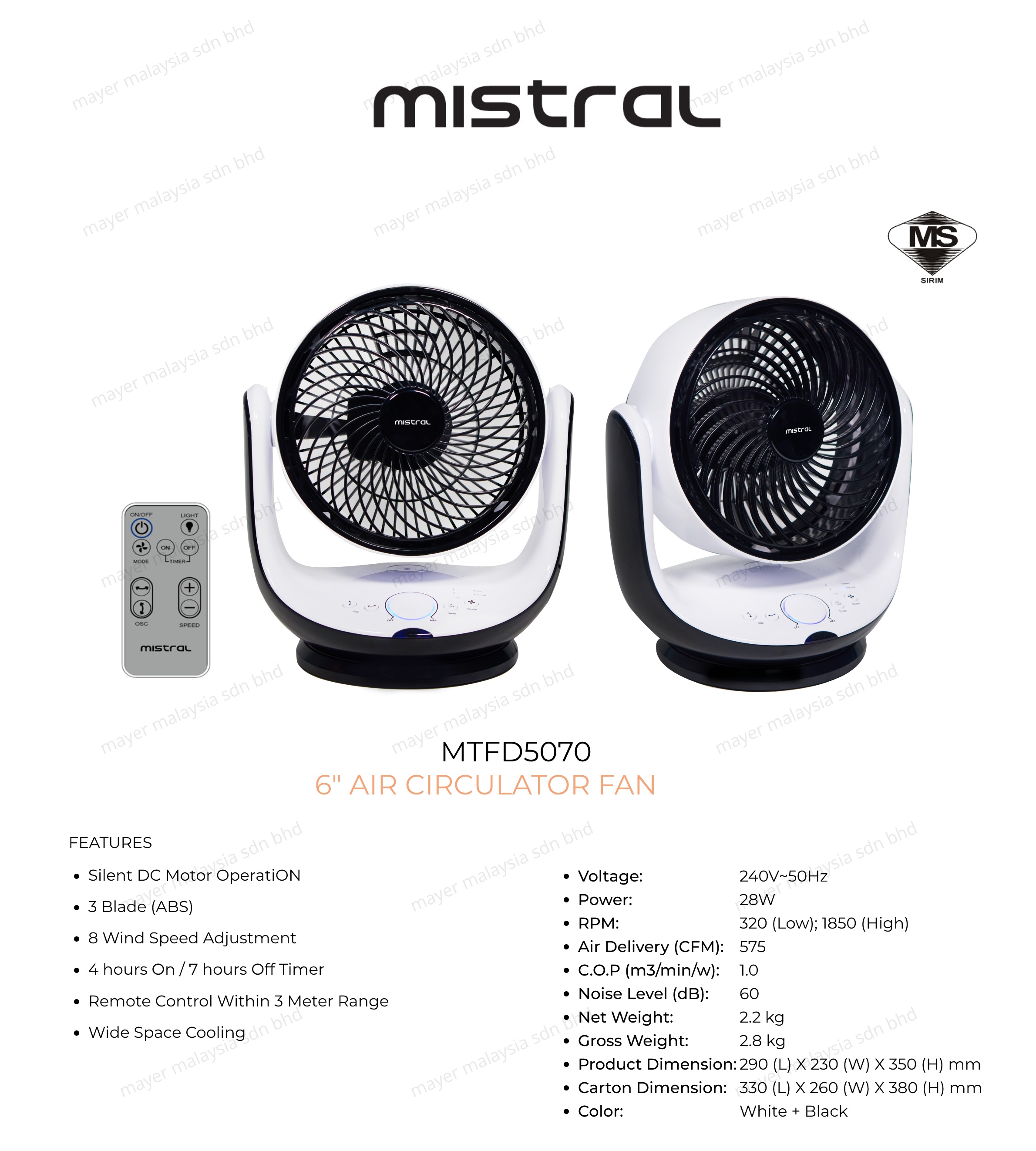 Mistral MTFD5070 DC Motor Air Circulator Fan 6" | Oscillation Fan ...