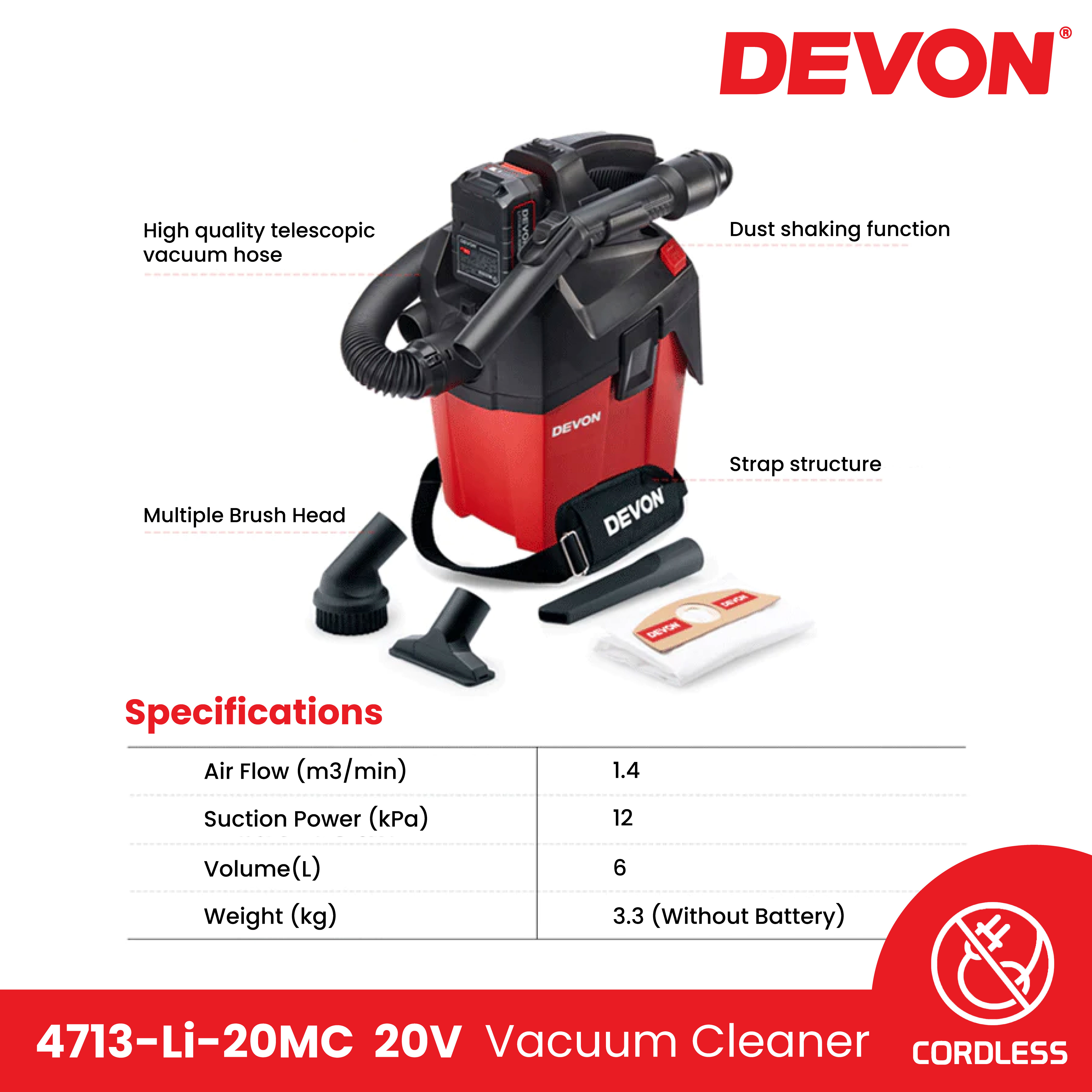DEVON 4713-Li-20MC 20V Lithium-Ion Cordless Vacuum Cleaner | Shopee ...