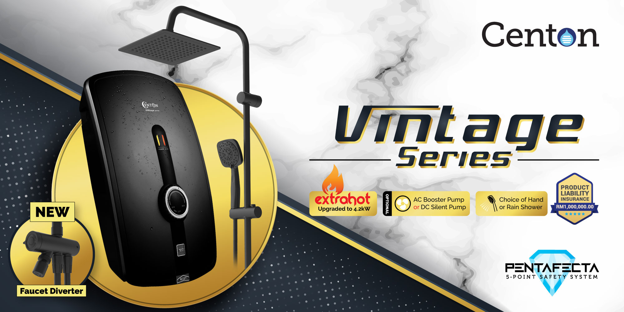 CENTON Instant Shower Water Heater - Vintage VT555 Series (with DC ...