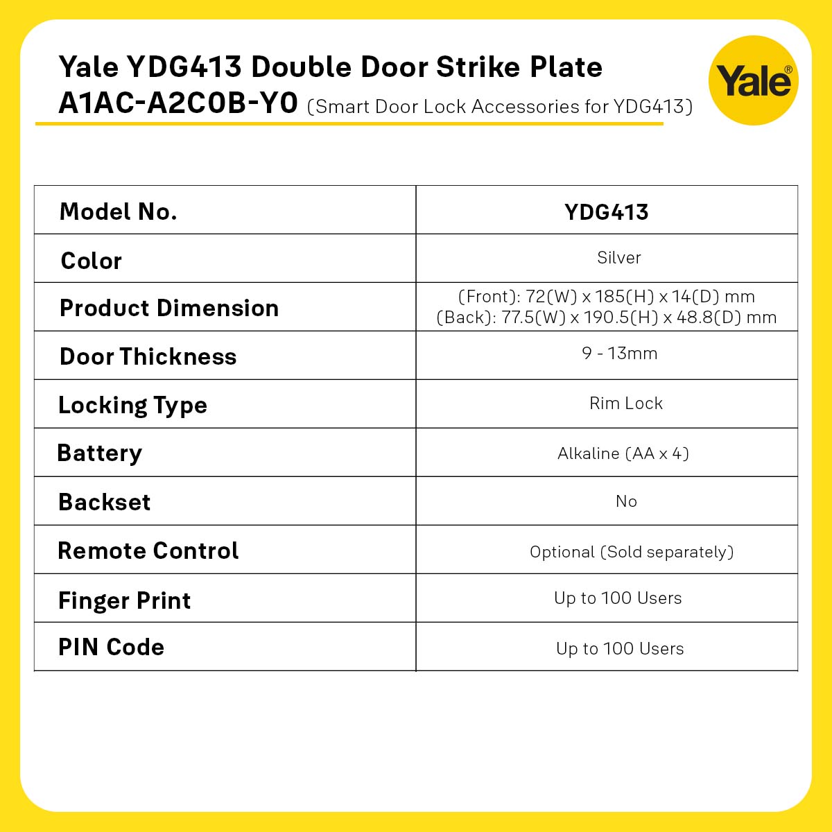Yale YDG413/ YDG413A Double Door Strike Plate A1AC-A2C0B-Y0 (Smart Door ...