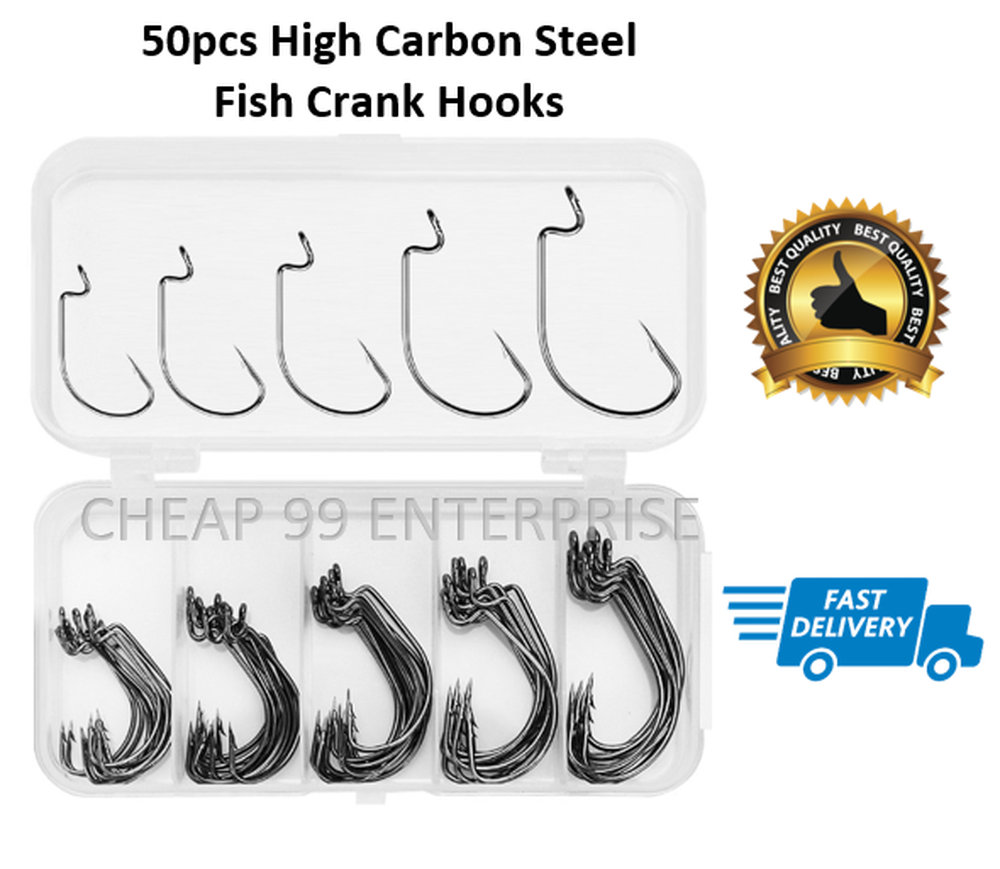 50pcs High Carbon Steel Fish Crank Hooks with Storage Set 5 Size 1# 2 ...