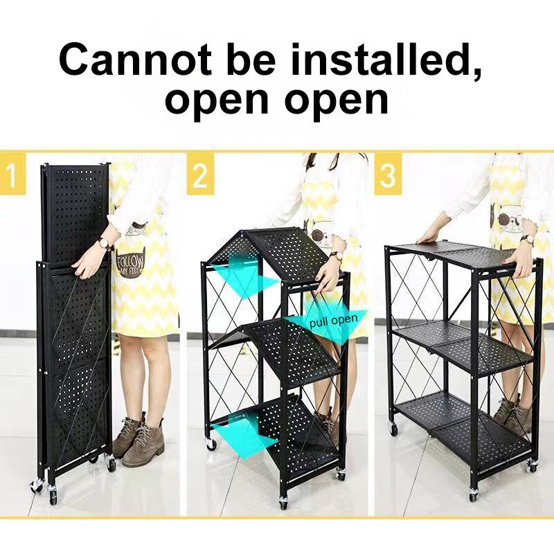 3 / 4 / 5 Tier Foldable Kitchen Rack Shelves with Wheels Moveable ...