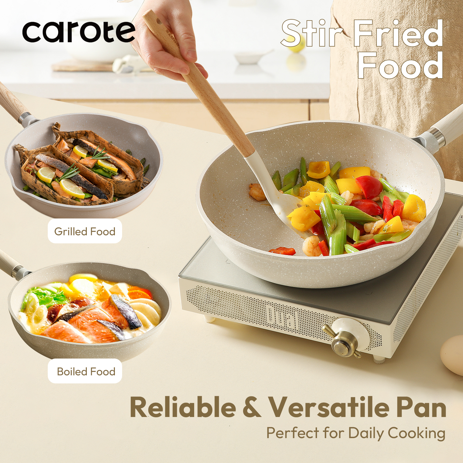CAROTE Non Stick Frying Pan Cooking Egg Flat Pan Kawali Wok Die-Cast ...