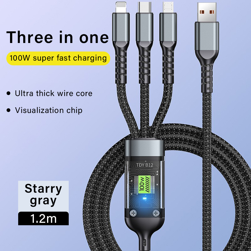 100W 3 in 1 Super Charging Cable 6A Fast Charging Nylon Bradied USB C ...
