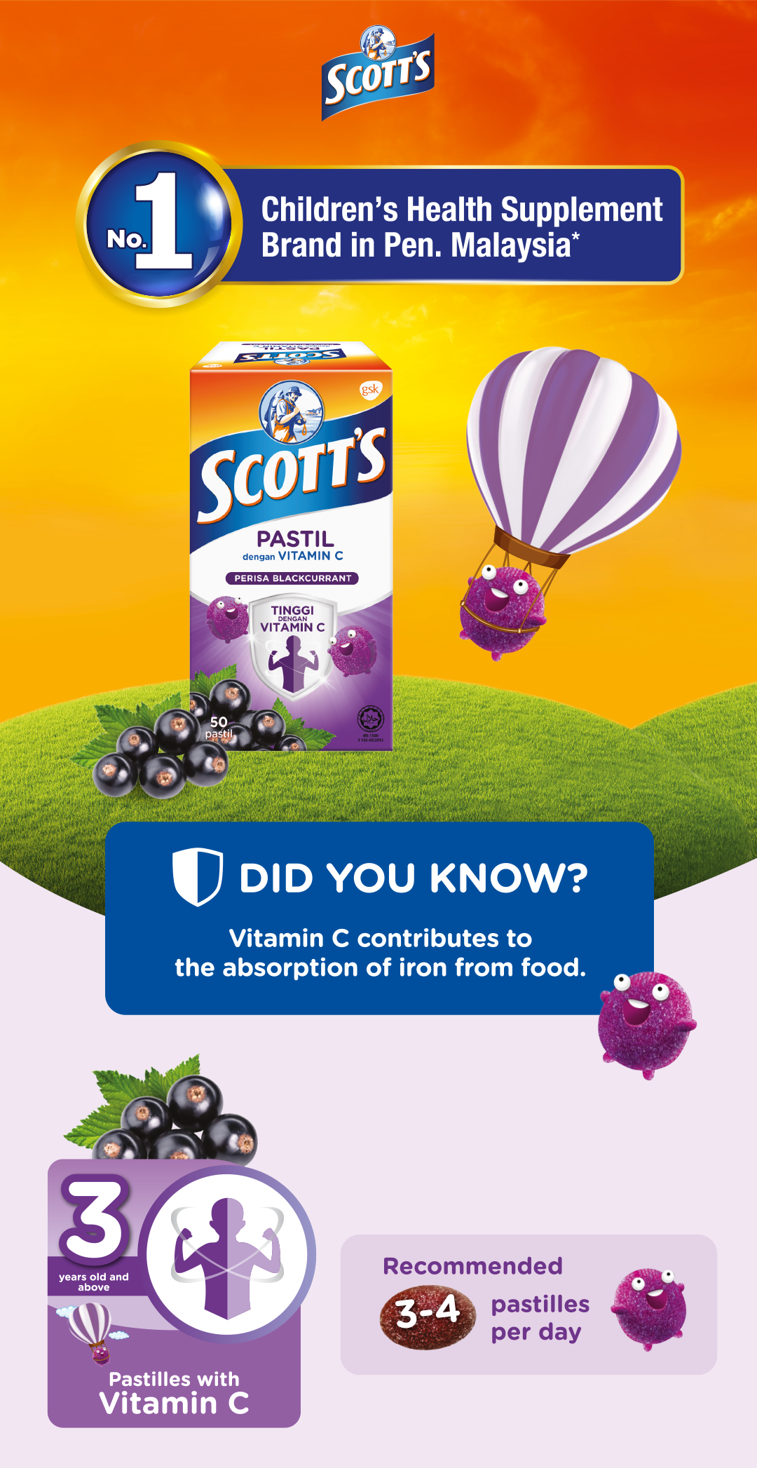 Scott's Vitamin C Pastilles Children Supplement - Blackcurrant (50’s ...