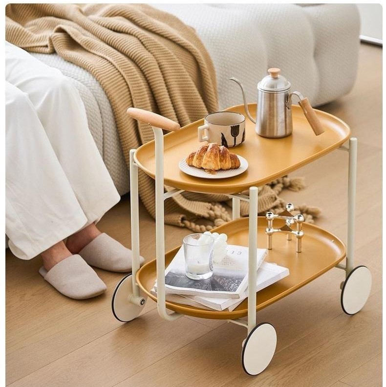 Corner Table Wooden Movable Trolley Coffee Tea Table With Wheels Sofa ...