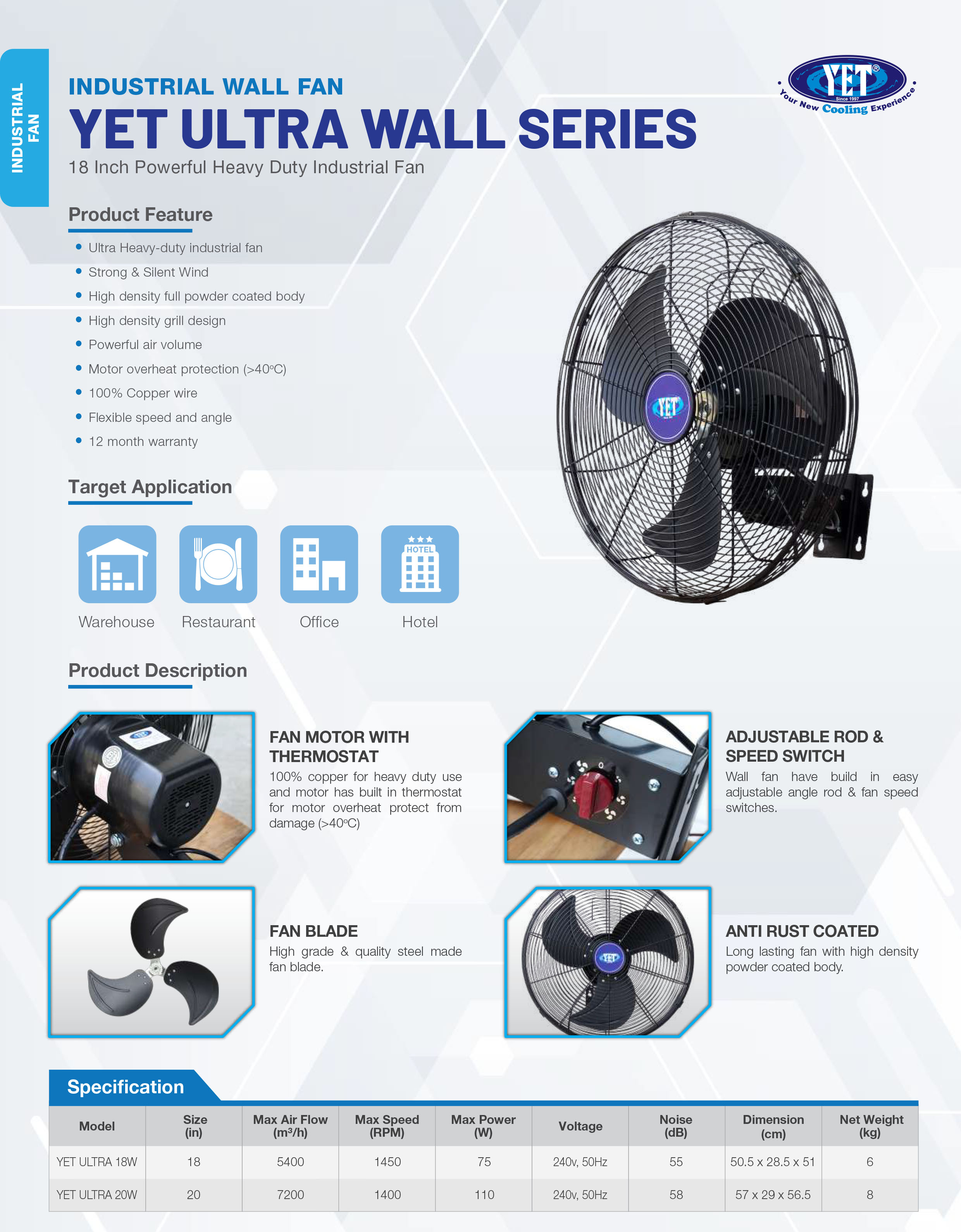 YET Ultra 20W 20 Inch Heavy Duty Industrial Wall Fan 7200 m3/h Air Flow ...