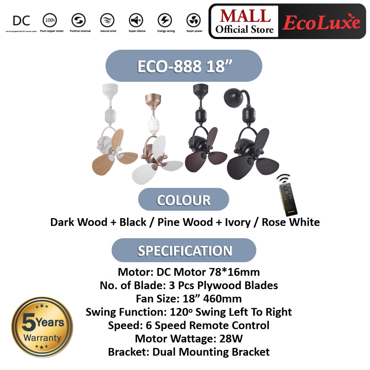 ECOLUXE ECO-888 18" Designer Wall Fan DC Motor with 6 Speeds Remote ...
