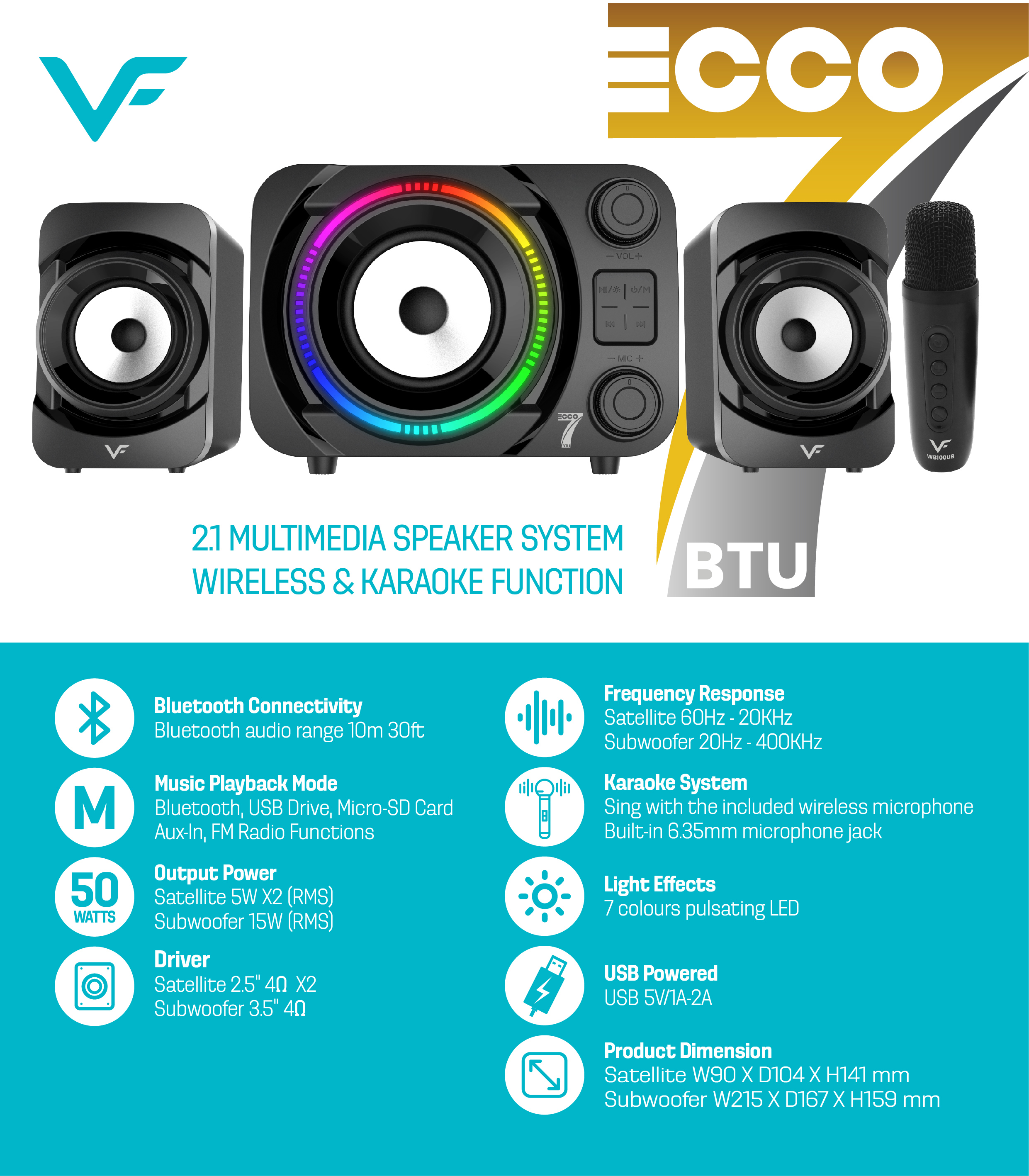 Vinnfier VF ECCO 7 BTU 2.1 Bluetooth Mic Karaoke Speaker Sambung PC USB Powered 50W Max USB FM ...