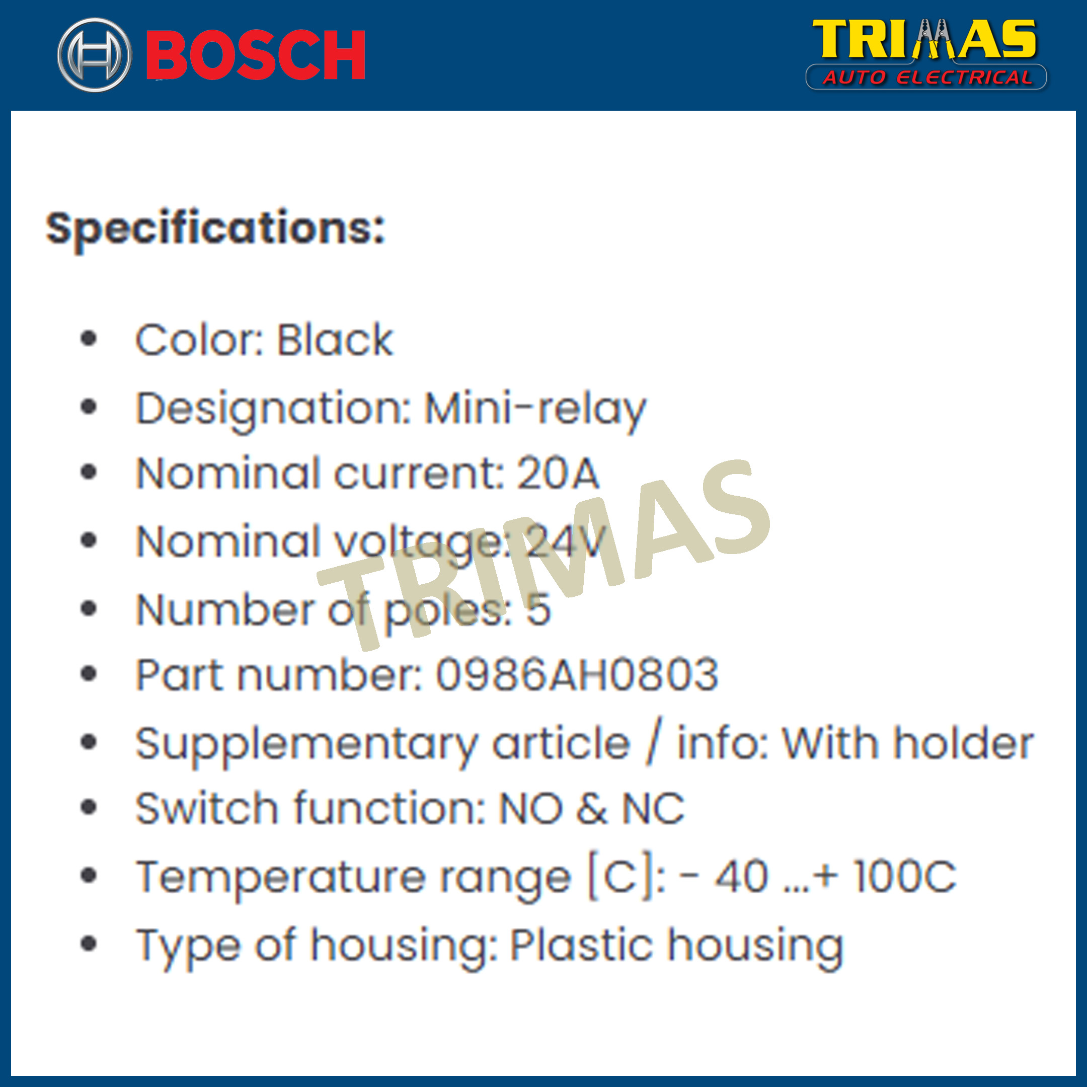 TRIMAS Original Robert Bosch Automotive Relay 24V 87a Lorry Truck ...