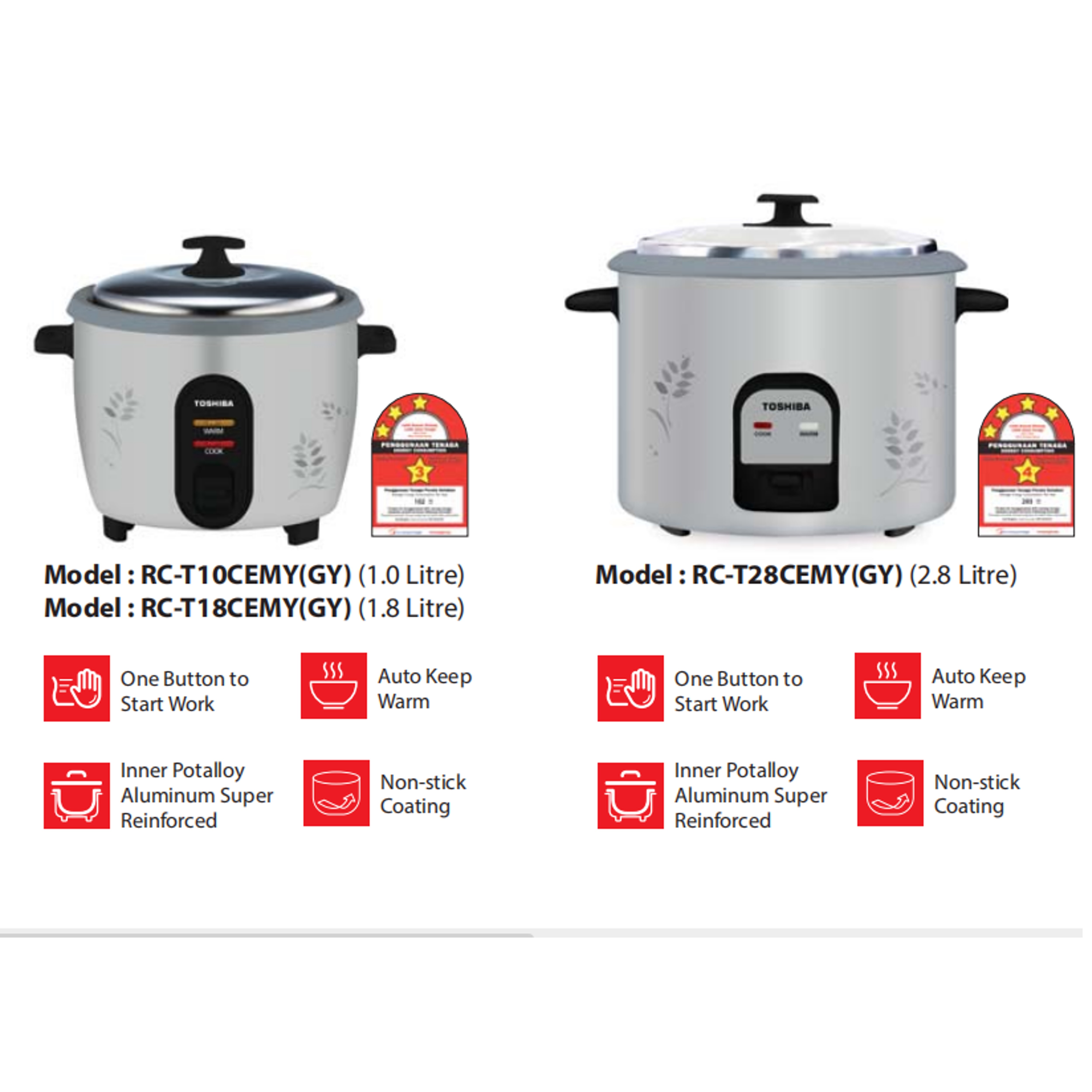 Toshiba Rice Cooker 1.8 Liter (Non-Stick) RC-T10CEMY / RC-T18CEMY / RC ...