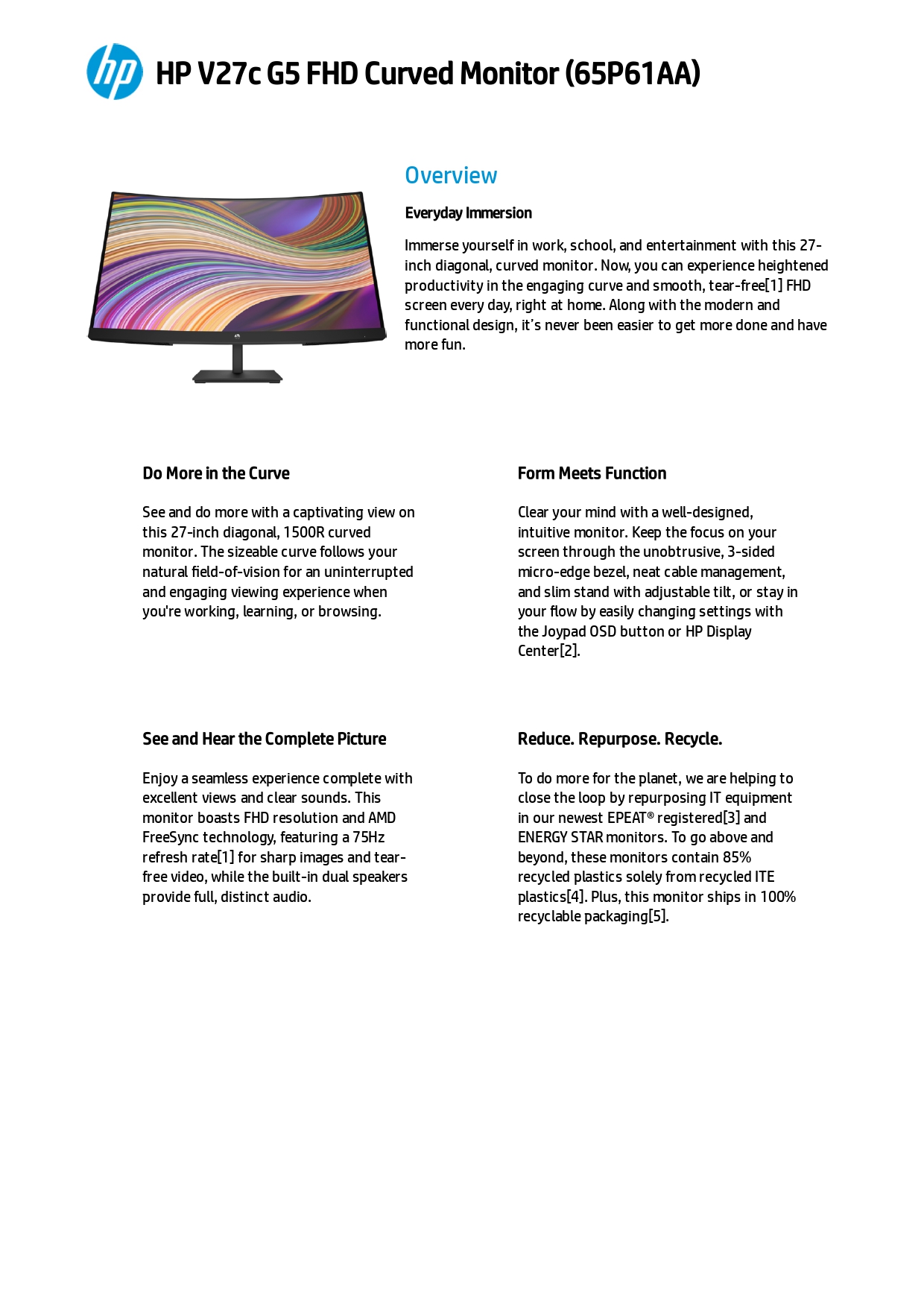 HP V27C G5 CURVED MONITOR ( 27" VA FHD / 75Hz / 5ms / AMD FREESYNC / HD ...