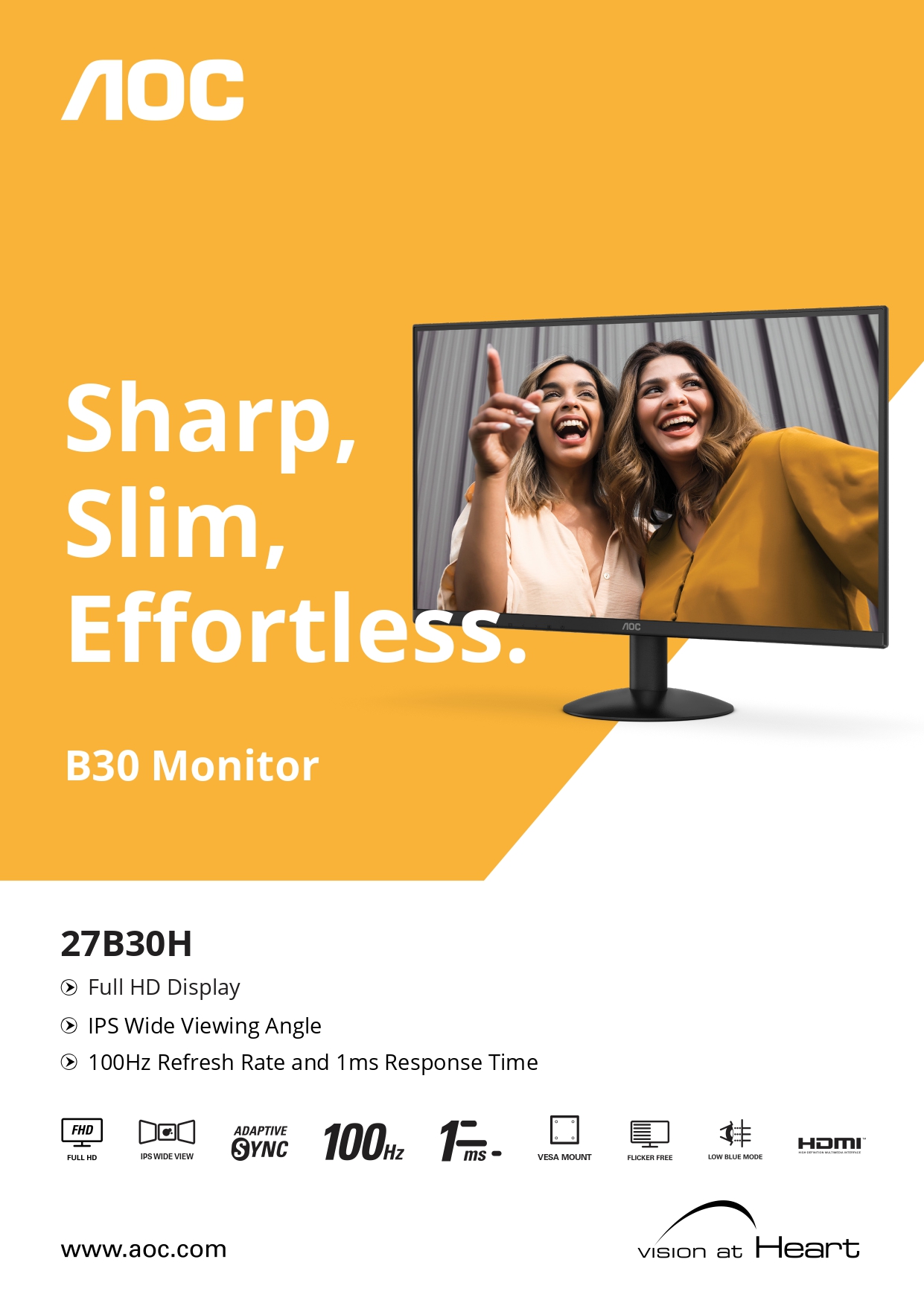 AOC 27B36H / 27B30H 27" MONITOR (27" IPS FHD / 1MS / 100Hz / ADAPTIVE ...