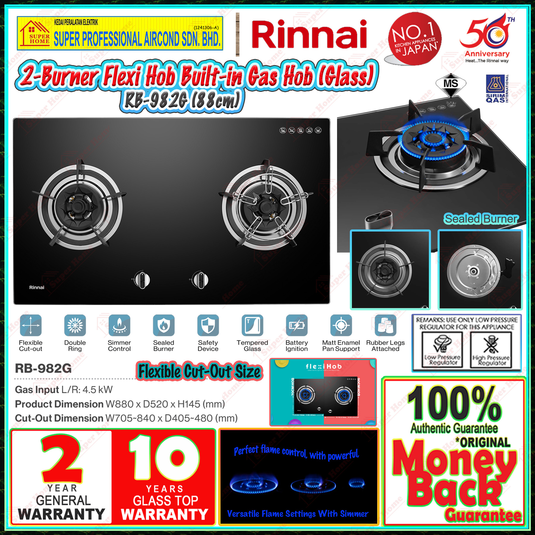 Rinnai Gas Hob RB-982G 2-Burner Flexi Hob Built-in Gas Hob 88cm Glass Cooker Hob 4.5kW Safety ...