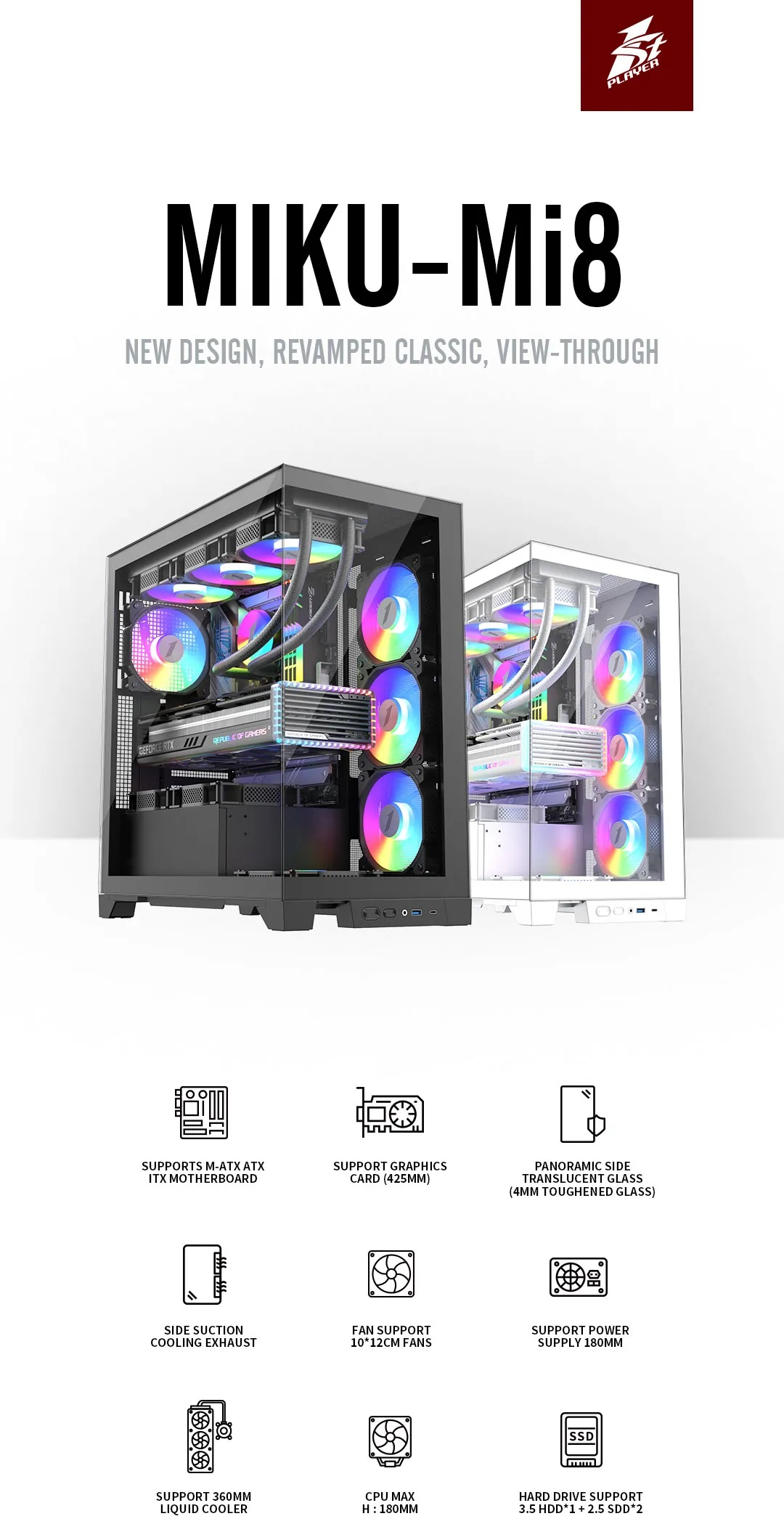 1stPlayer Miku Mi8 Tempered Glass ATX Gaming PC Case - Black/White ...