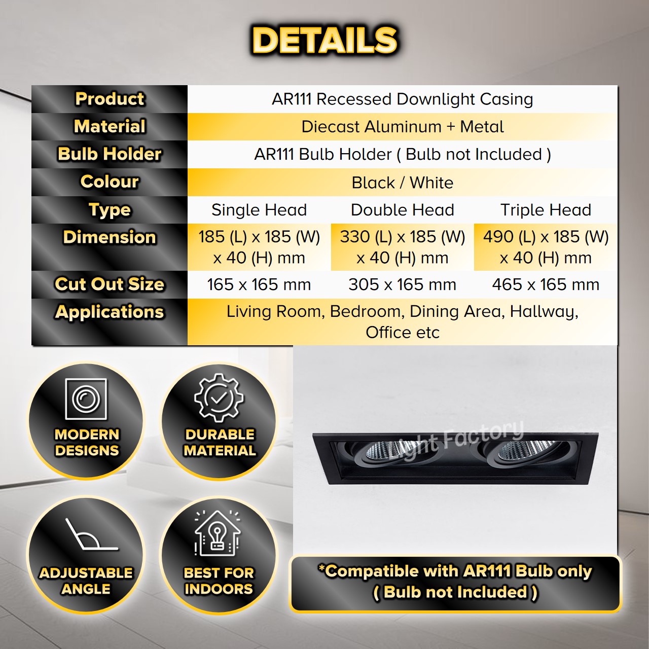 LED AR111 Downlight Casing Black/White AR111 Fitting Single Head ...