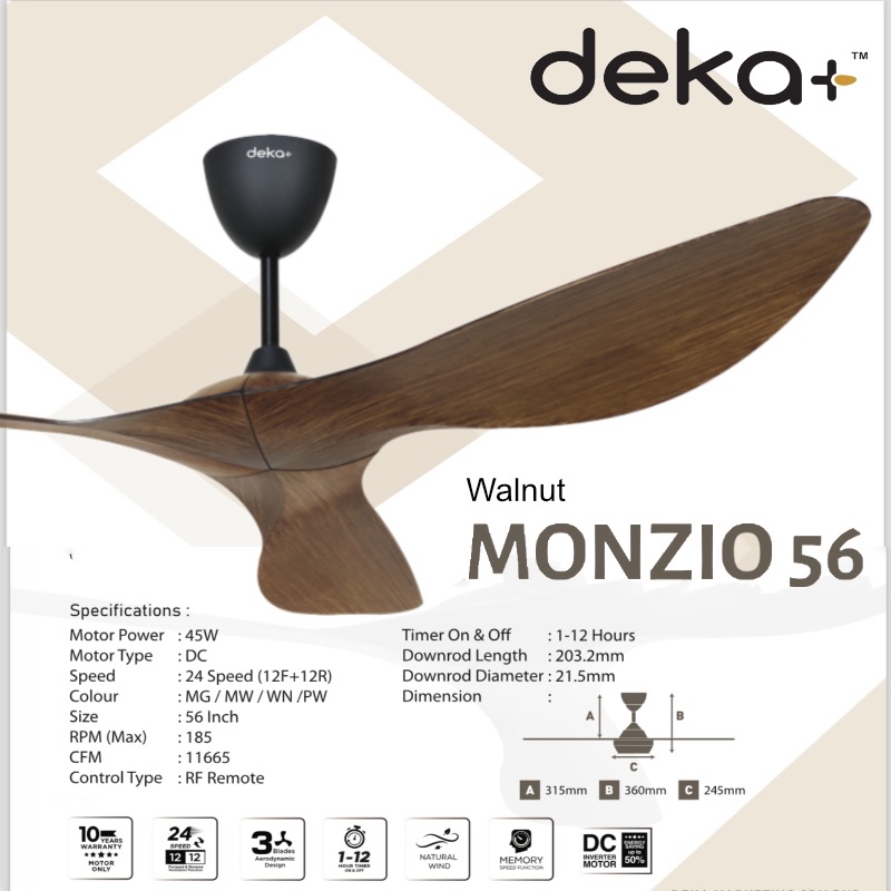 Deka + Monzio 56 DC Motor Remote Control Ceiling Fan / Kipas Siling DC ...