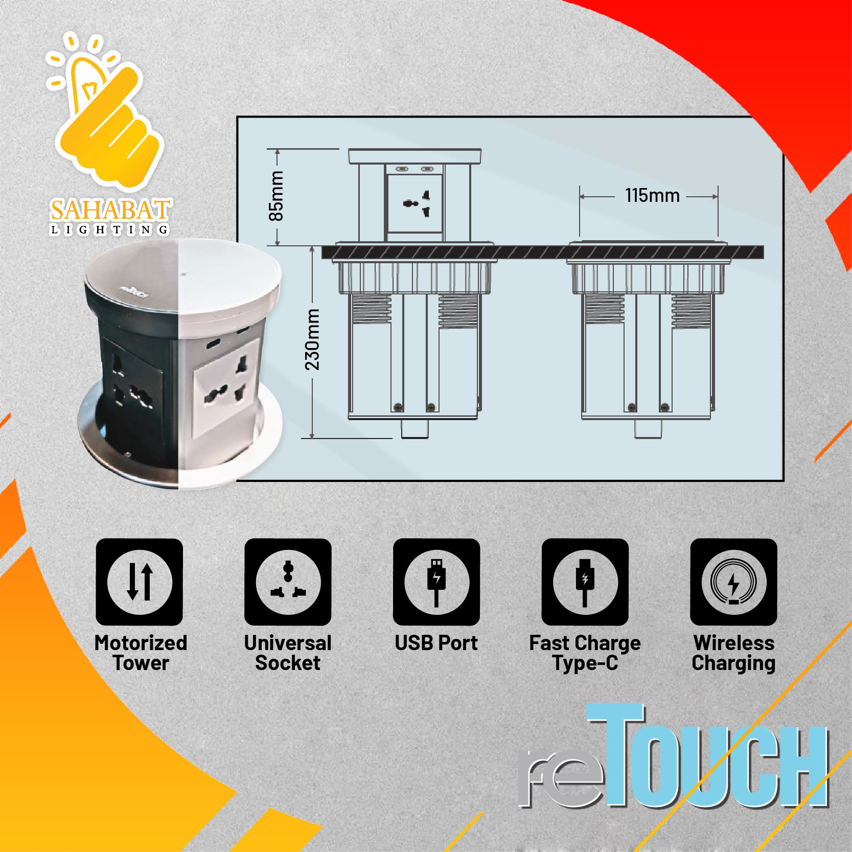 reTouch Powerhub PRO Automatic Pop-up Pop-Out Switche 4 socket with ...