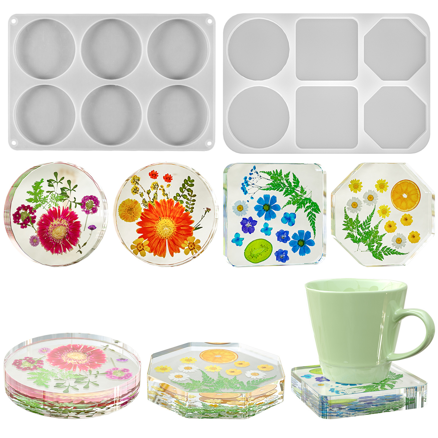 Acuan Silikon - 6/12/15/24 in 1 Coaster Silicone Mold for DIY Epoxy ...
