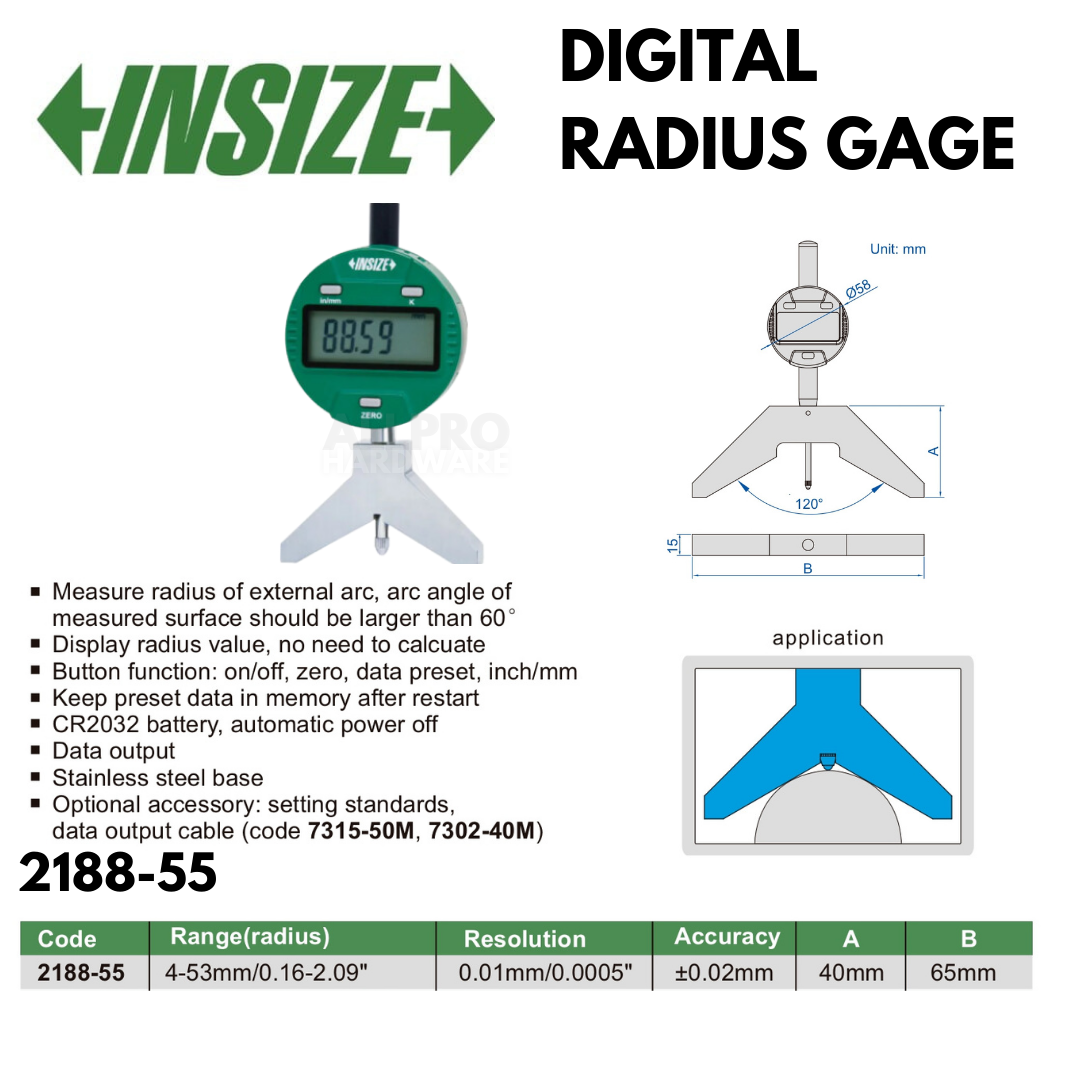 INSIZE Digital Radius Gage 2188-55 (4-53mm / 0.16-2.09") Measure Radius ...
