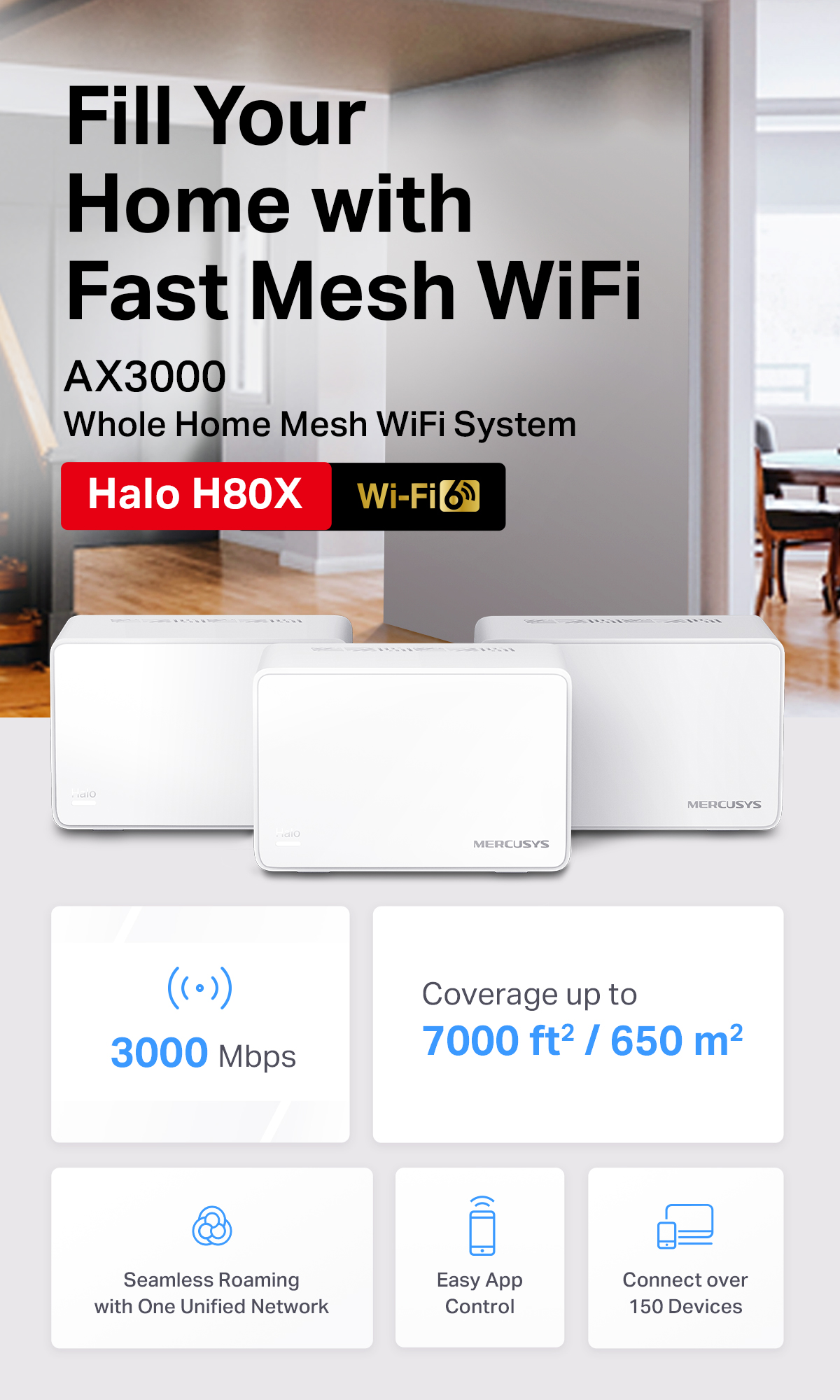 MERCUSYS Halo H80X AX3000 Ai Driven Mesh WiFi 6 3x Gigabit Ports Whole ...