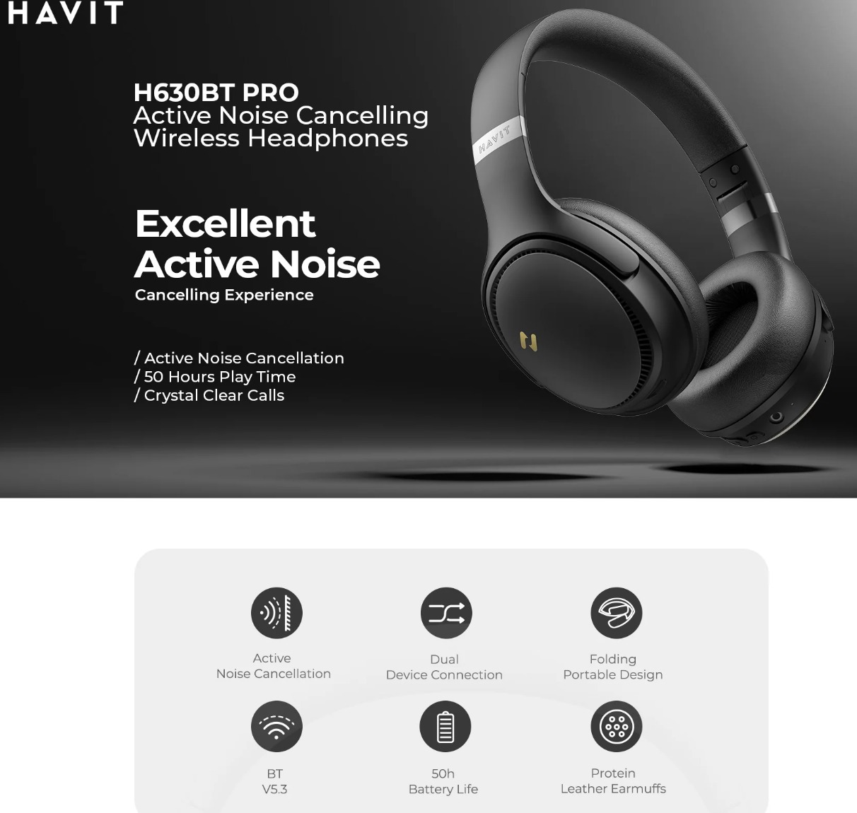 Havit H630BT PRO ANC BLACK Noise Cancellation Multiple Mode Bluetooth AUX Wireless Headphone ...