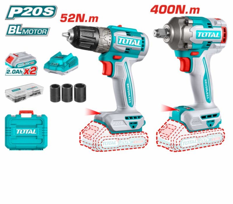 Total Li-ion Cordless Brushless Drill 52Nm & Brushless Impact Wrench ...