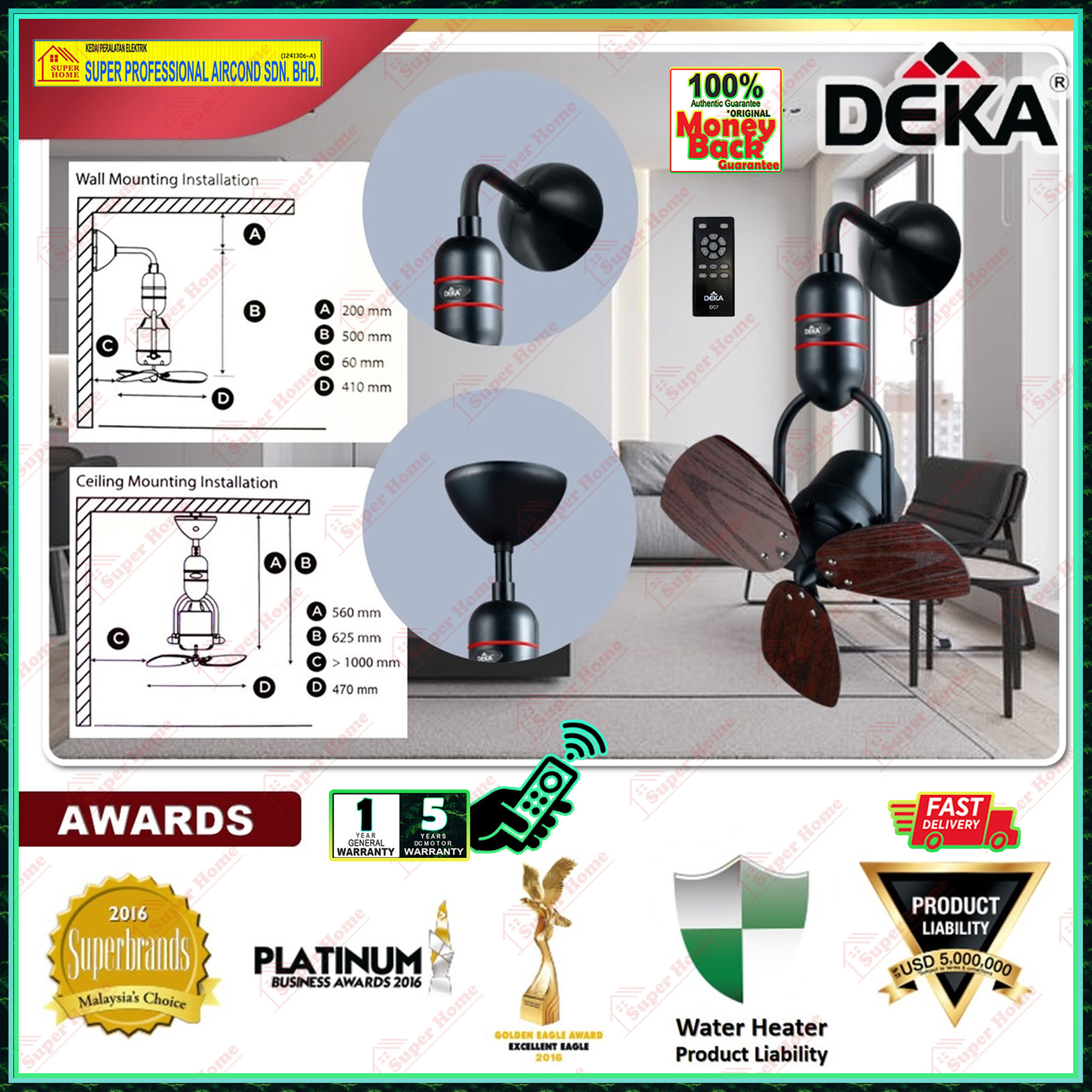 Deka Wall Fan MS16DC Dual Mounting Wall & Ceiling DC Motor Designer Fan ...