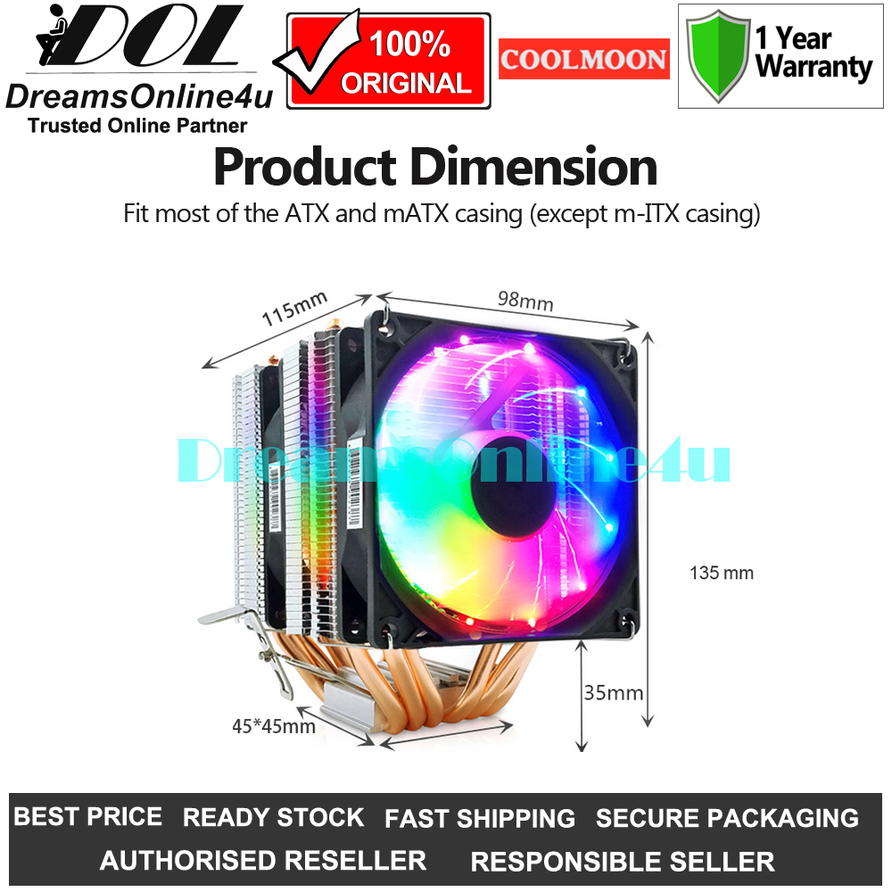 Coolmoon MX6 Smart PWM Dual RGB Fan CPU Cooler 6 Pure Copper Conductor ...