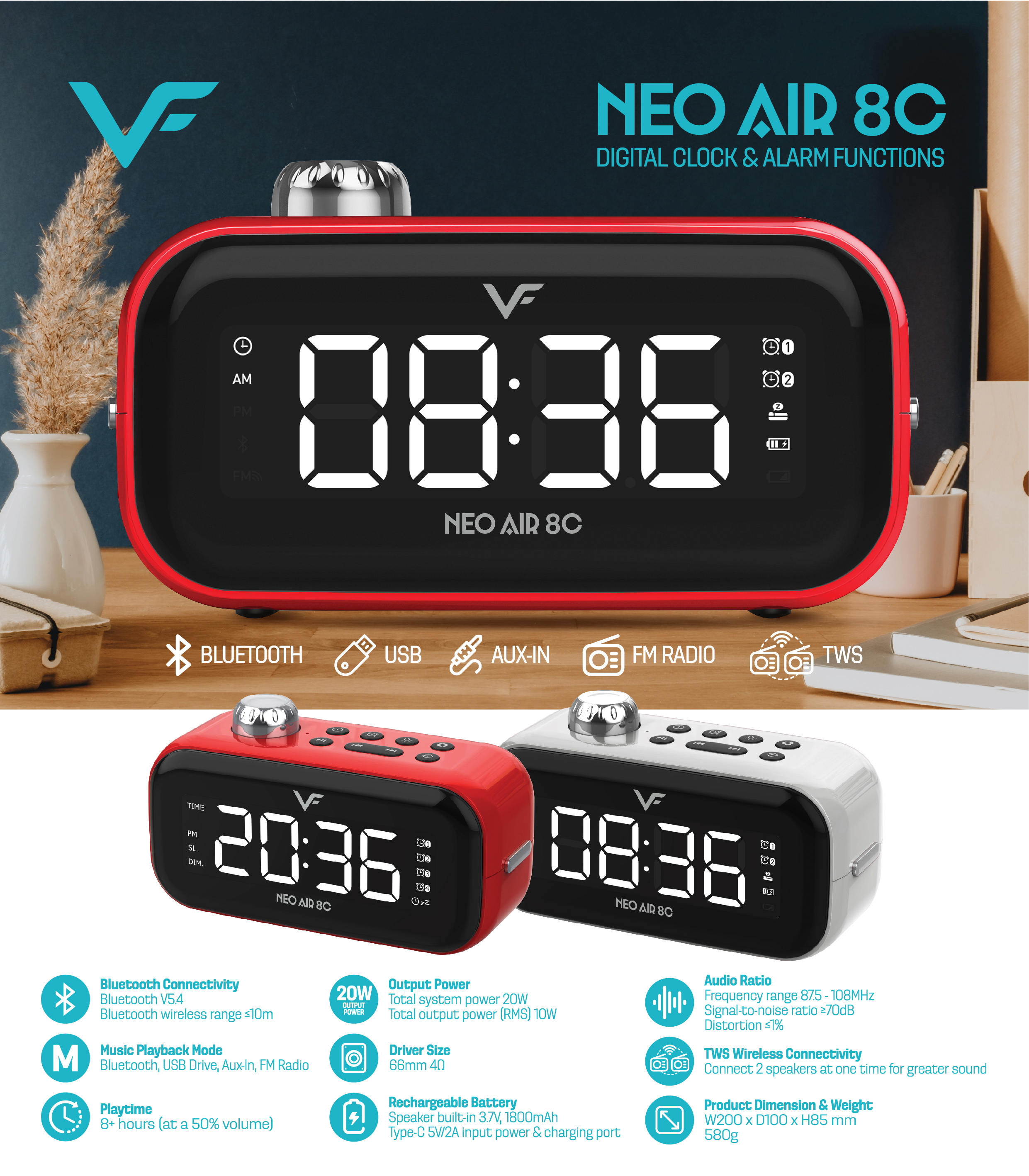Vinnfier VF NEO AIR 8C Portable Bluetooth Speaker Digital Clock Alarm ...