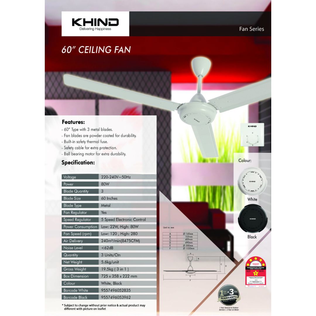Khind 60" Ceiling Fan CF6C23 / CF618 / REZO K16 / Milux MCF-6001/ Faber ...
