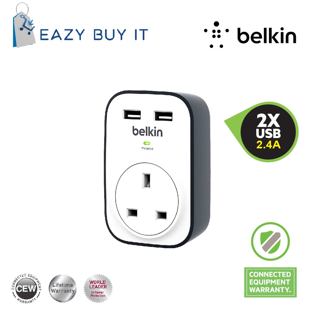 BELKIN SURGECUBE 1-OUTLET SURGE PROTECTOR WITH 2x SHARED USB CHARGING 2 ...