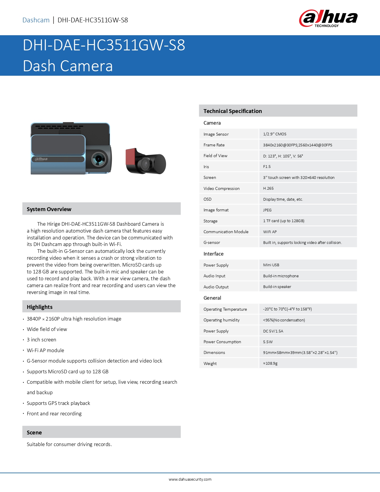 DAHUA S8 DASHCAM WITH REAL CAM, 3" SCREEN, G-SENSOR MODULE, GPS TRACK ...