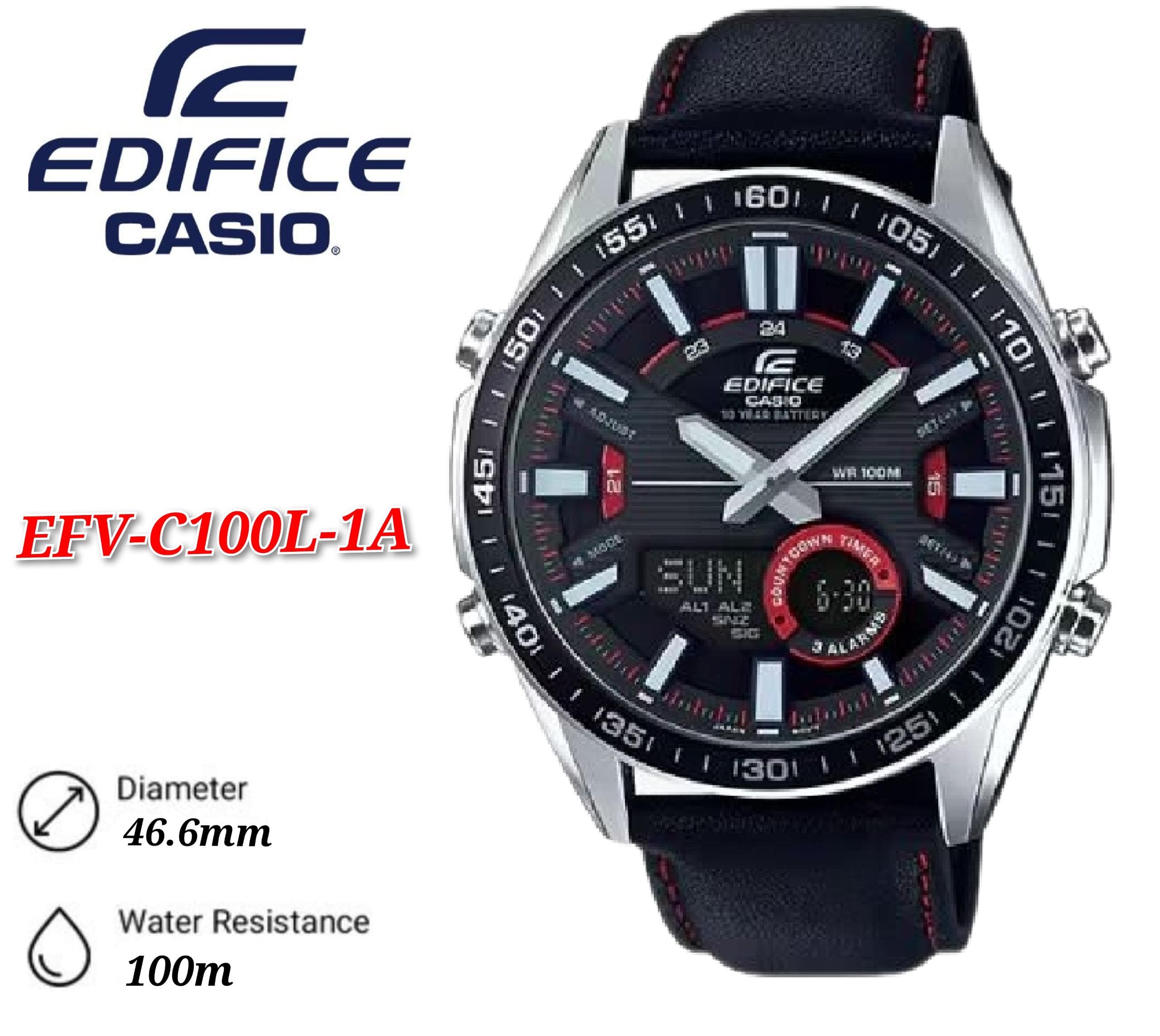 Casio Edifice EFV-C100L-1A Analog Digital 100M Black Dial Black Leather ...