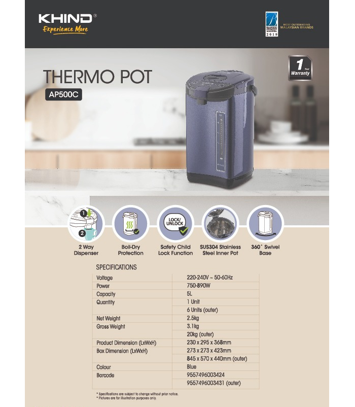 Khind Thermo Pot Water Dispenser 5.0L Pemanas Air Elektrik 熱水壺電熱水壺 ...