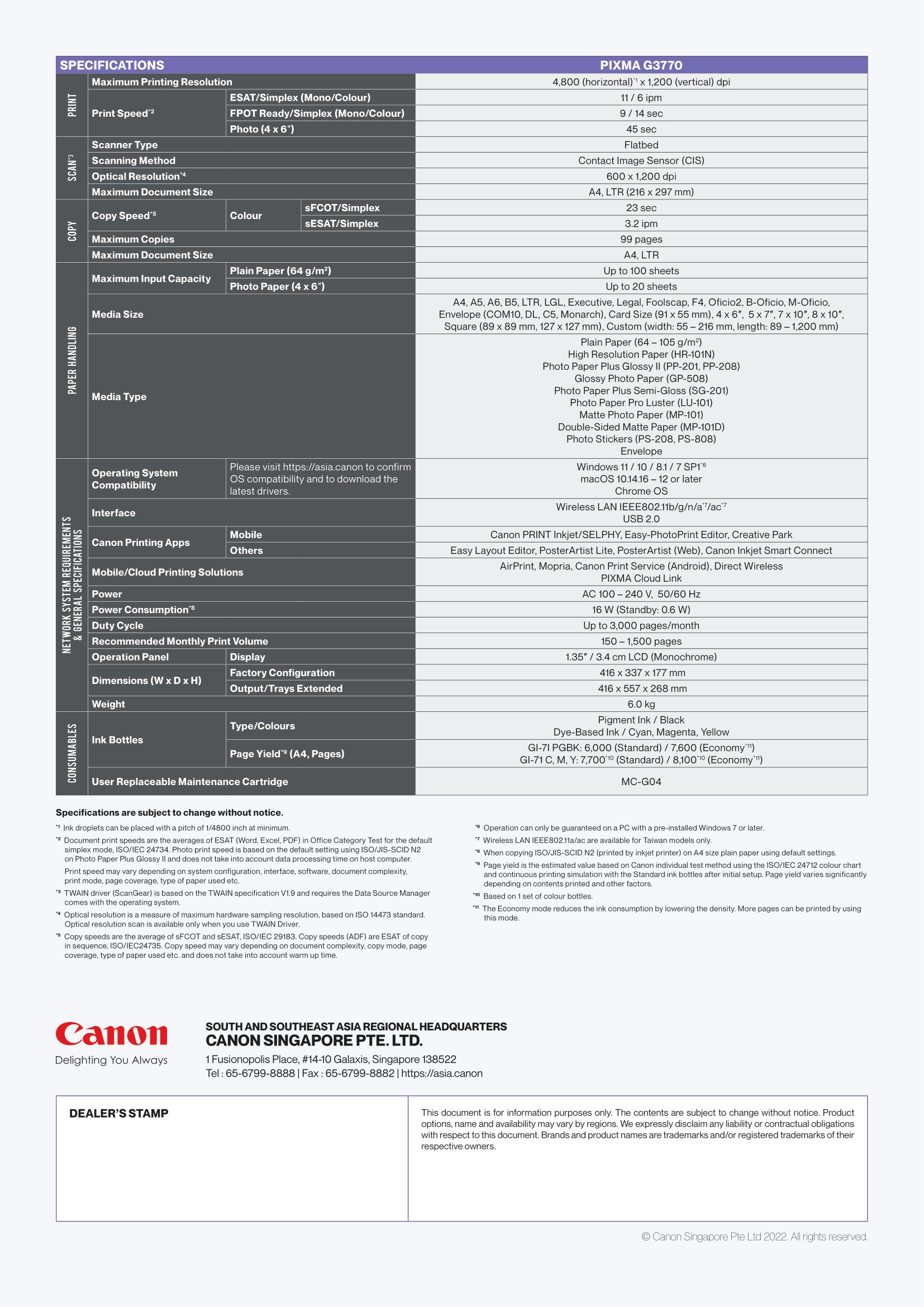 Canon PIXMA G3770 Wireless Refillable Ink Tank Printer Inkjet Printer ...