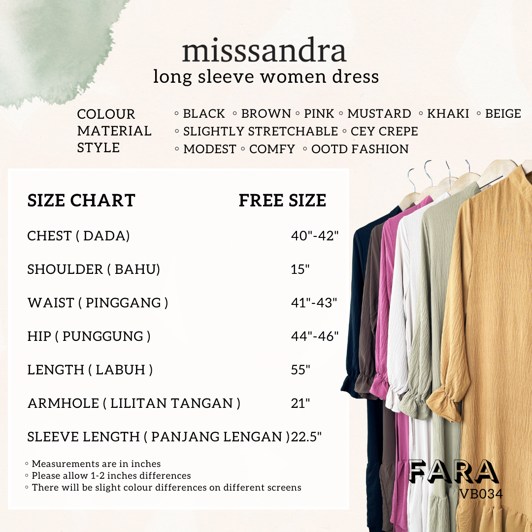 MISSSANDRA FARA Women Long Sleeve Buttons Muslimah Loose Casual Dress -VB034 | Shopee Malaysia