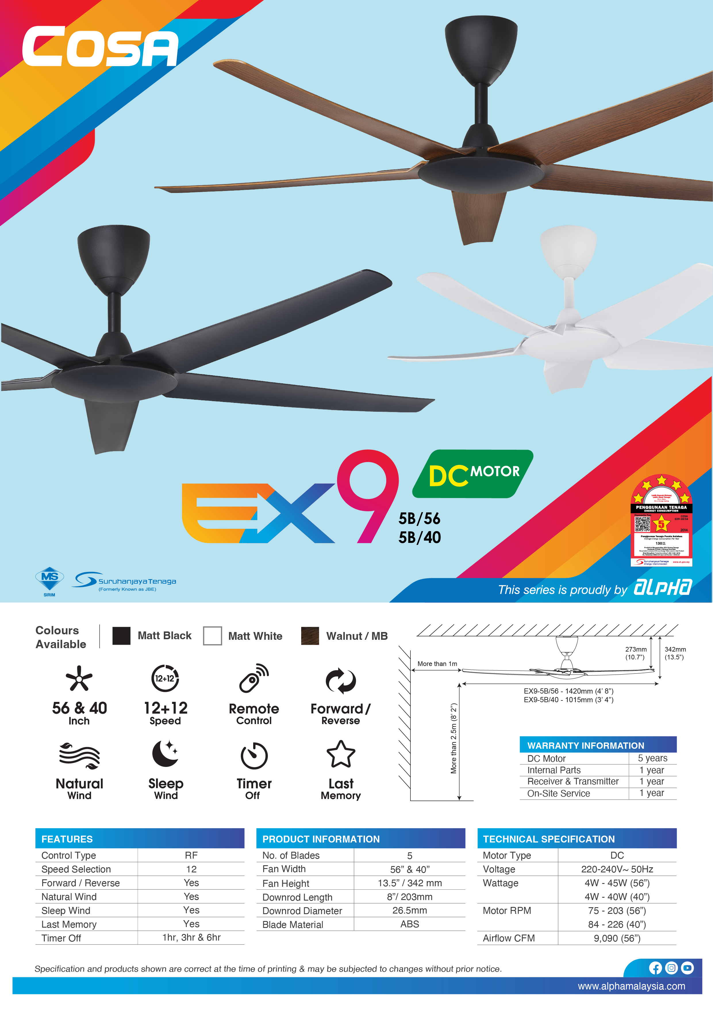 [With Gift] Alpha COSA Series CX10 (56"/40") 1 Speed / EX9 (56"/40") 12 Speed DC Remote Control ...