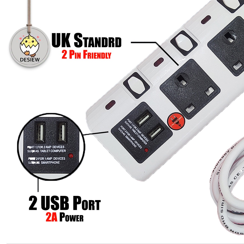 SIRIM Approval USB Extension Socket Plug, 2 USB Port With Surge ...
