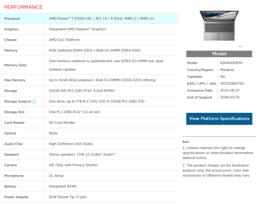 LENOVO IDEAPAD 1 15ALC7 82R400EKMJ R7-5700U/16GB DDR4/512GB SSD/AMD/15. ...