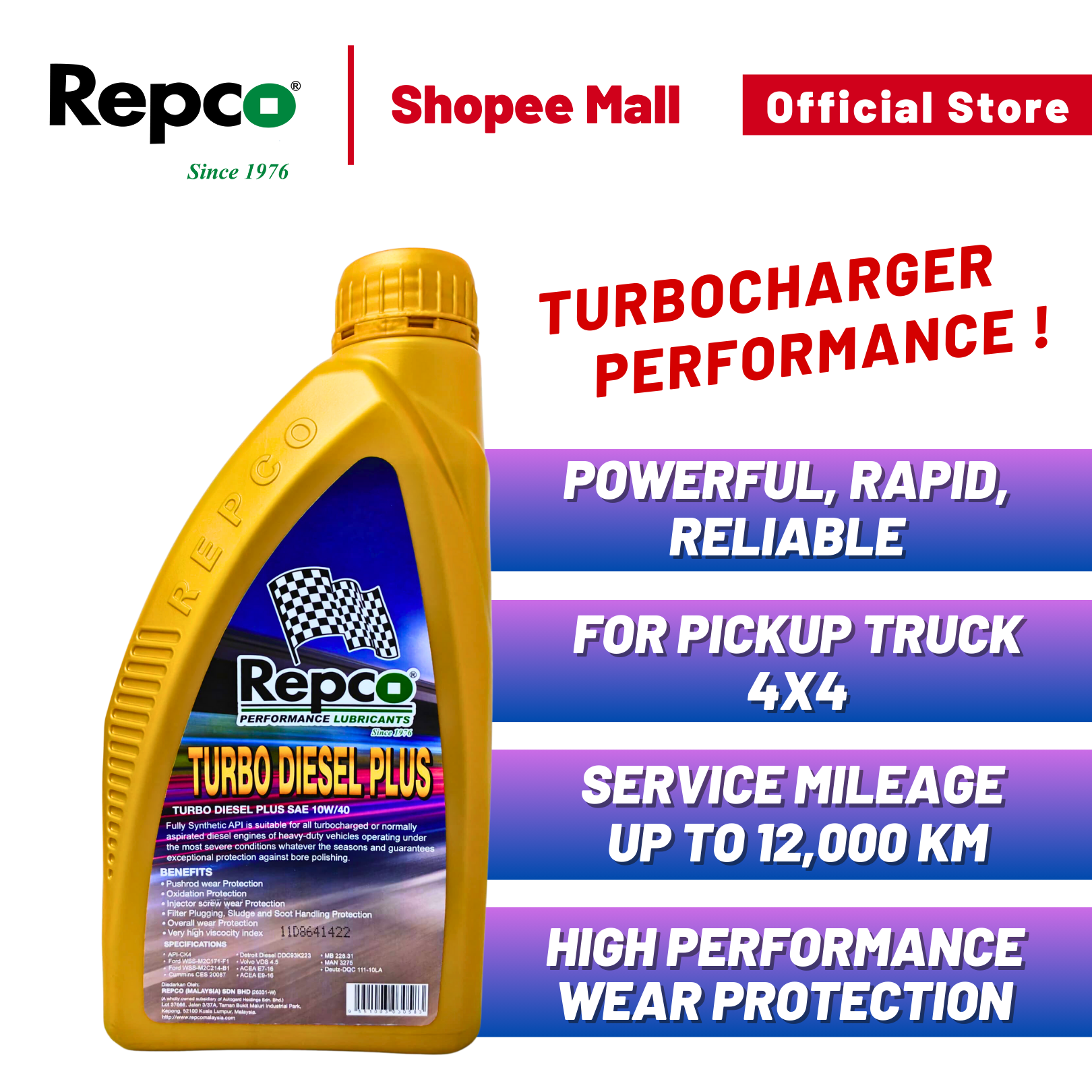 Repco® Turbo Diesel Plus 10W/40 API CK-4 Fully Synthetic Diesel Engine Oil (1L) | Shopee Malaysia