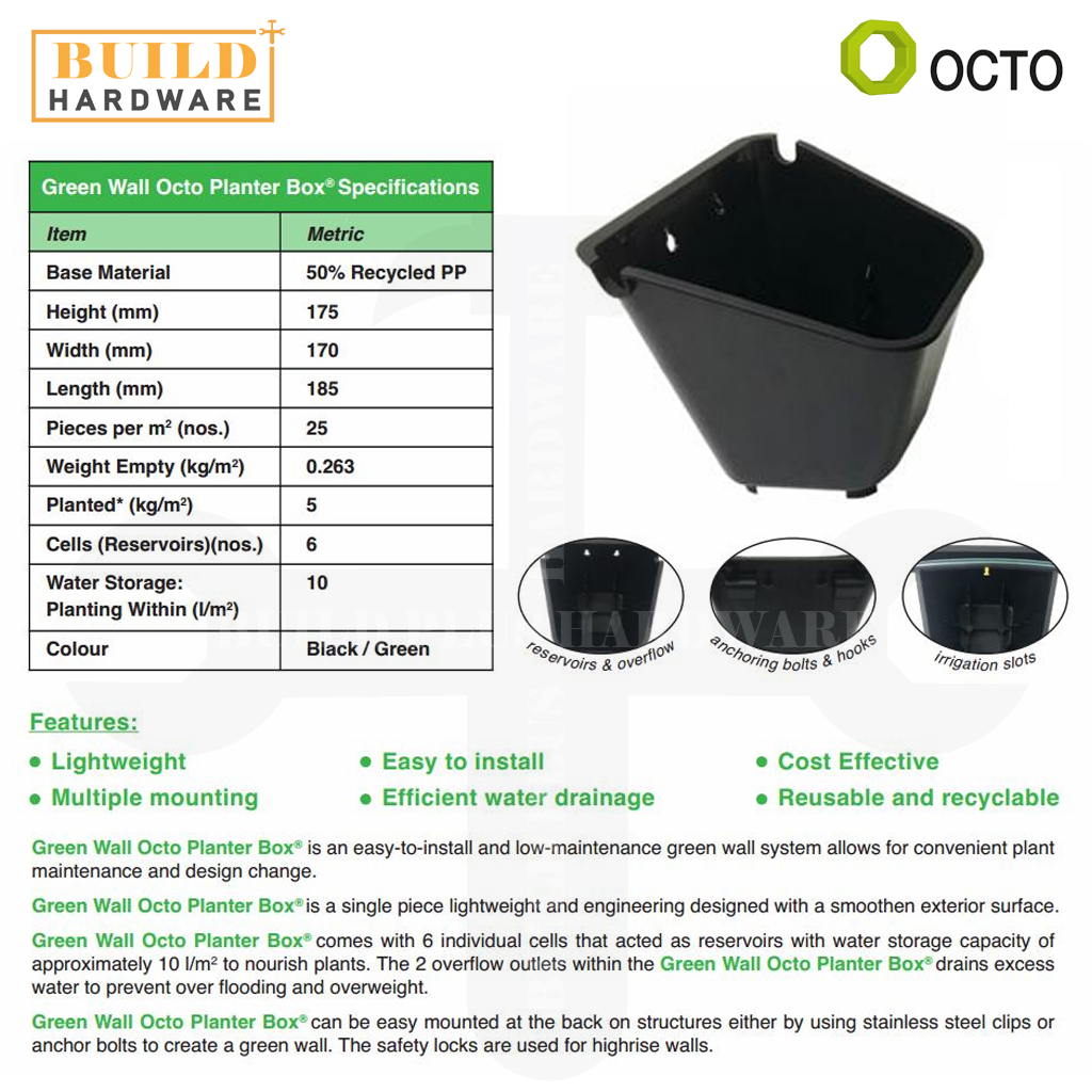 𝑶𝑪𝑻𝑶 Black 𝐆𝐫𝐞𝐞𝐧 𝐖𝐚𝐥𝐥 𝐏𝐨𝐭 𝐕𝐞𝐫𝐭𝐢𝐜𝐚𝐥 𝐏𝐨𝐭 Planter Pot Plastic (175mm x ...