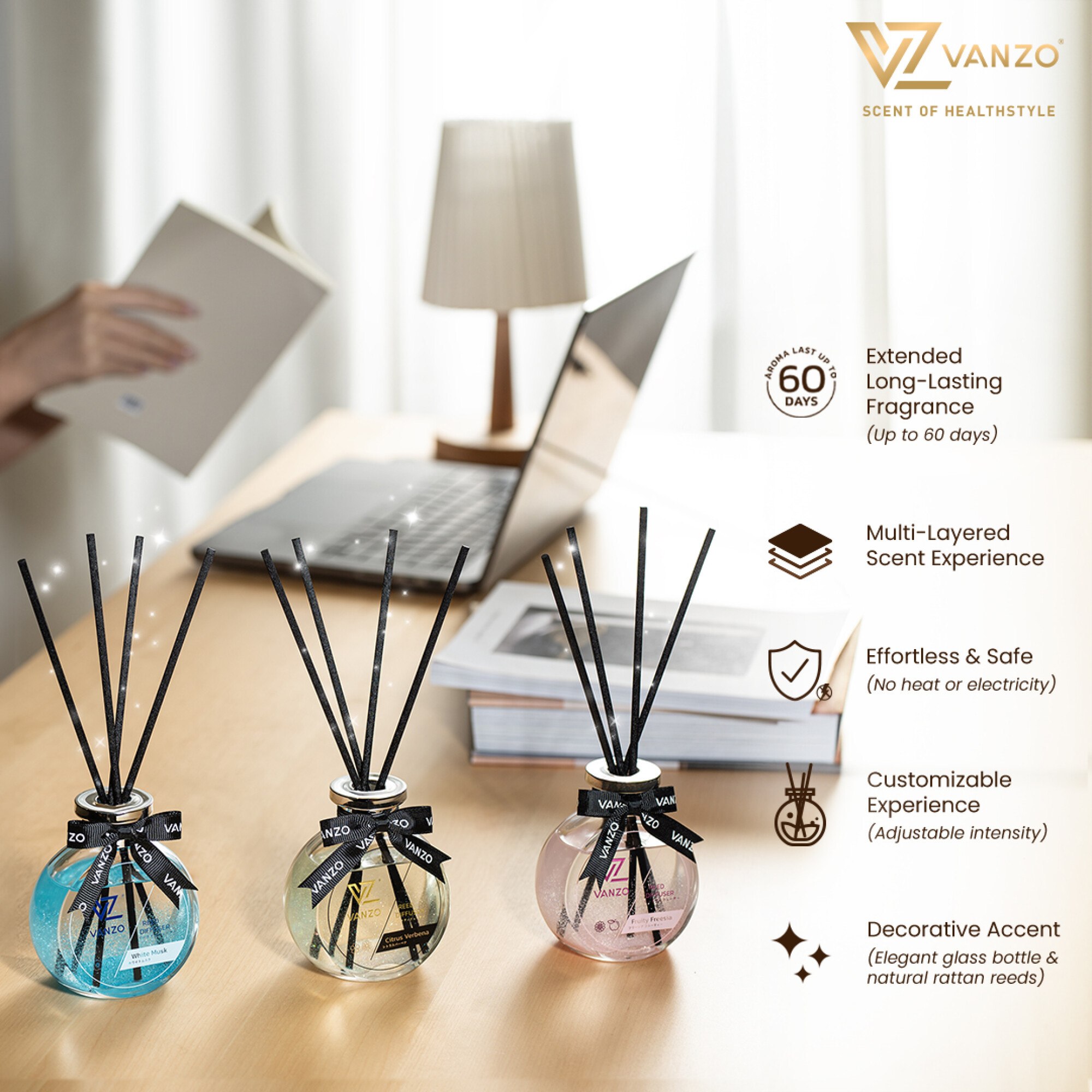 VANZO Reed Diffuser Fruity Freesia / White Musk / Citrus Verbena 120ml ...