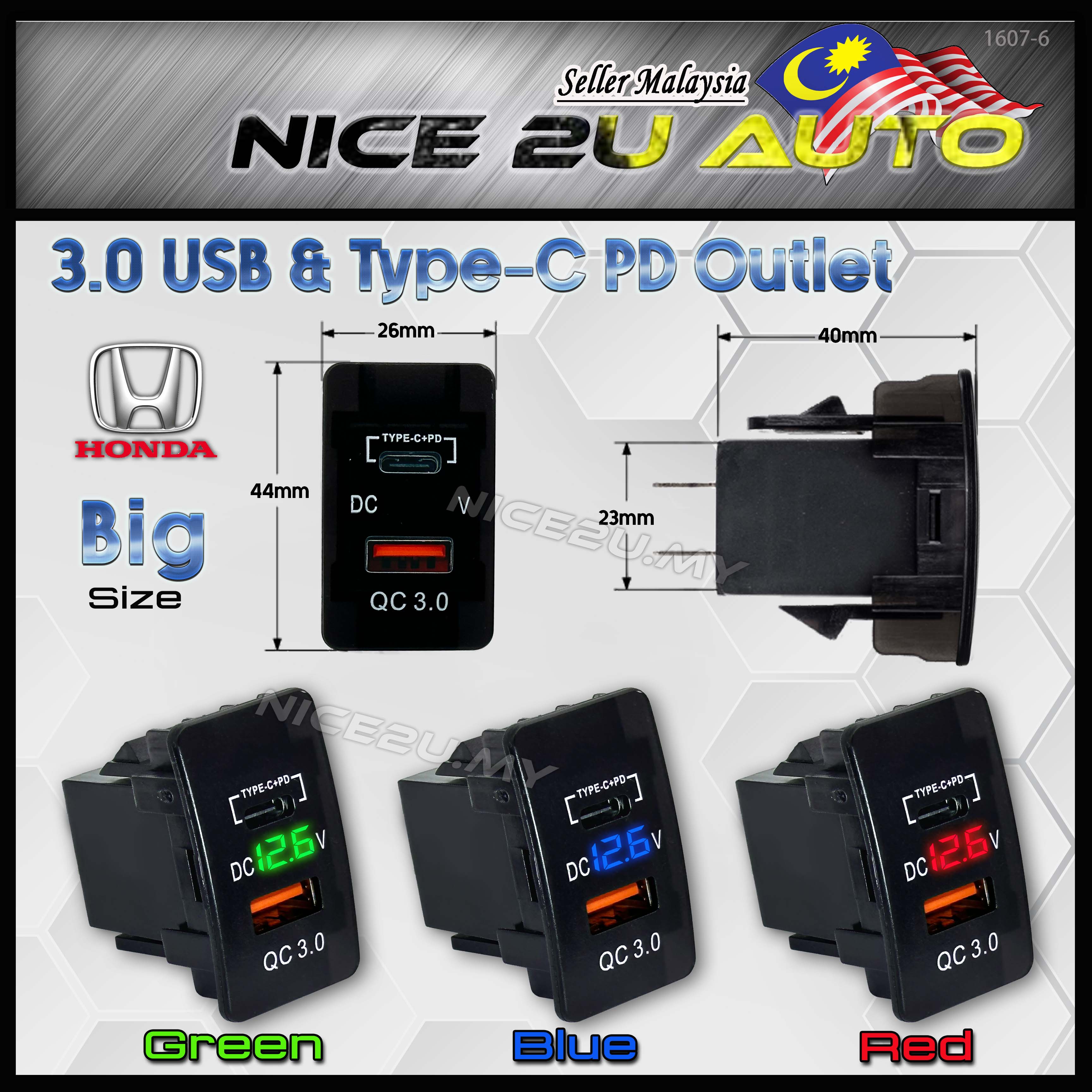 Honda PD Type-C Quick Charge 3.0/4.2A Dual Port USB Power Socket Charger Adapter Car Accessories ...