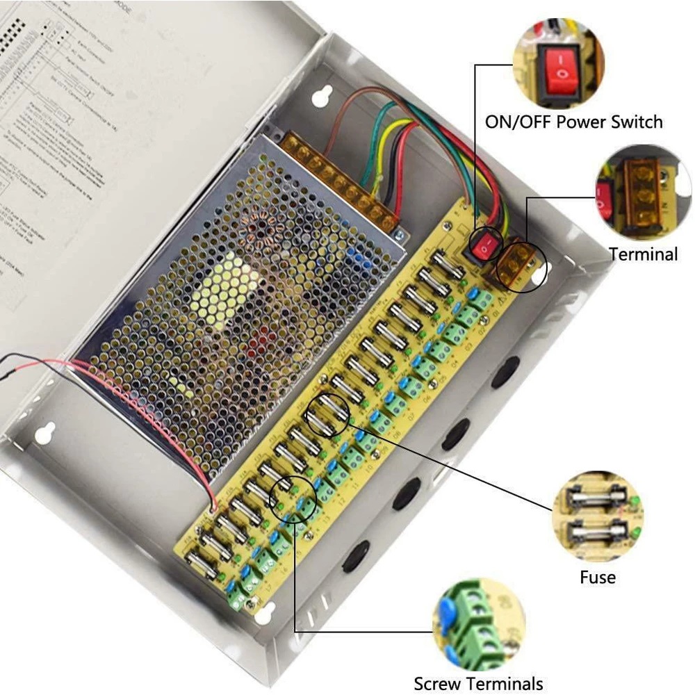4CH 12V5A / 9CH 12V10A / 18CH 12V 20A POWER SUPPLY METAL BOX WITH FUSE for CCTV Camera | Shopee ...