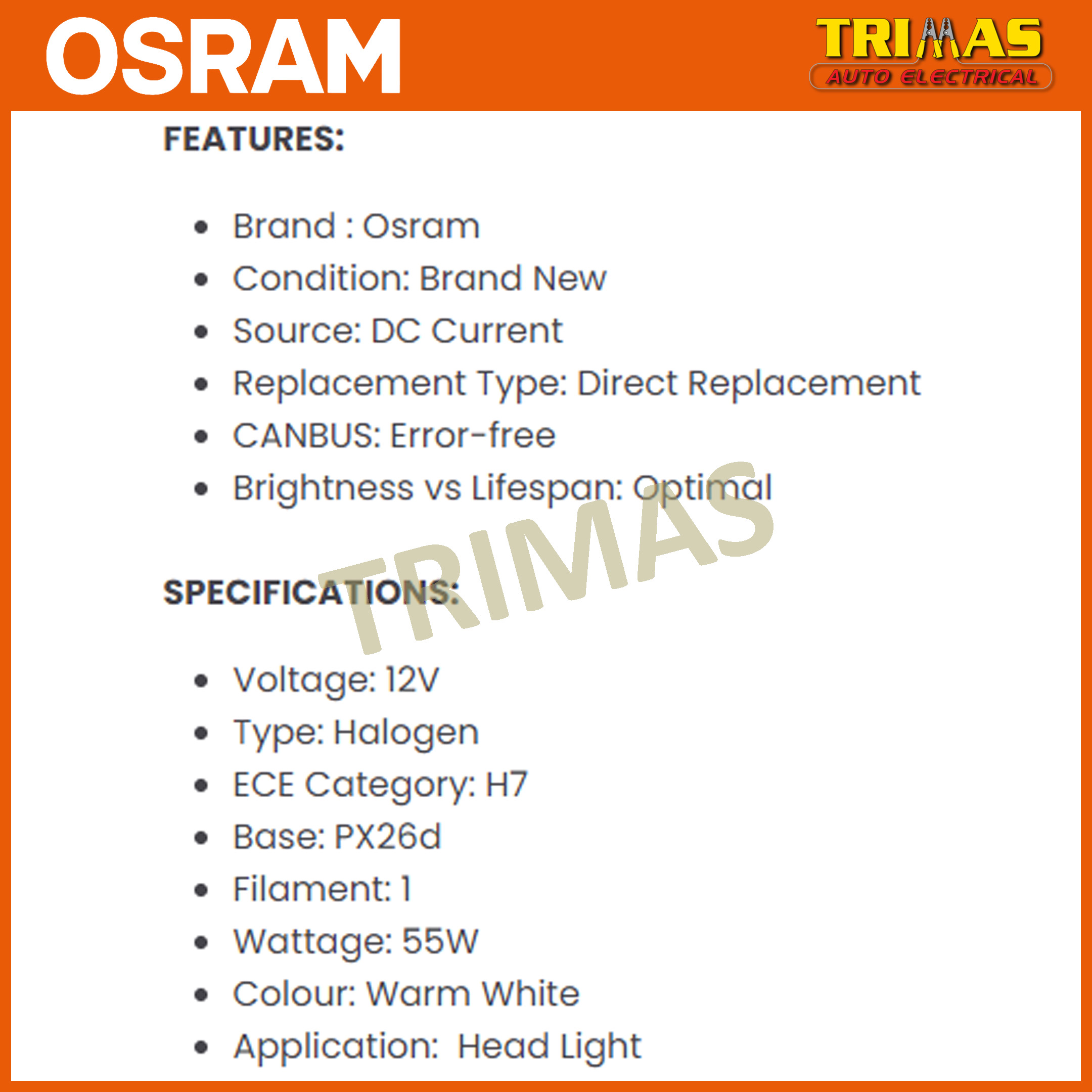 64210 Osram Germany H7 Halogen Head Light Bulb 3200K Alza Honda City ...