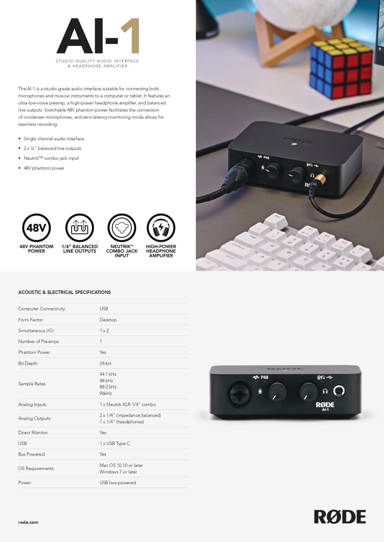 RODE AI-1 USB AUDIO INTERFACE SINGLE CHANNEL AUDIO INTERFACE ...